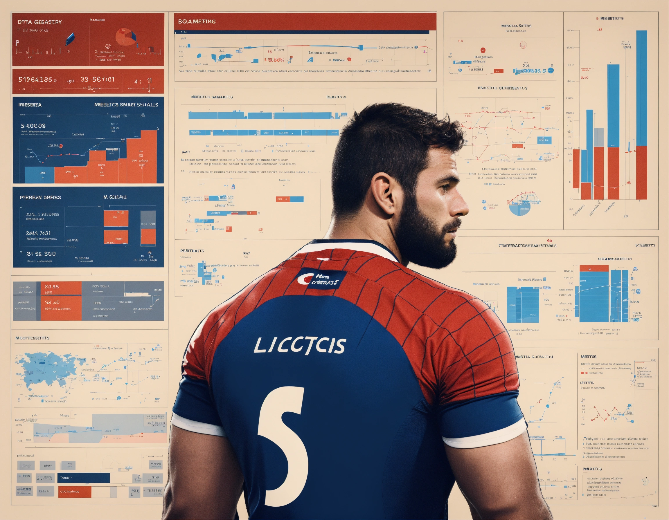 Lexica - Portrait of a french rugby player analyzing statistics from previous games. Lots of ...