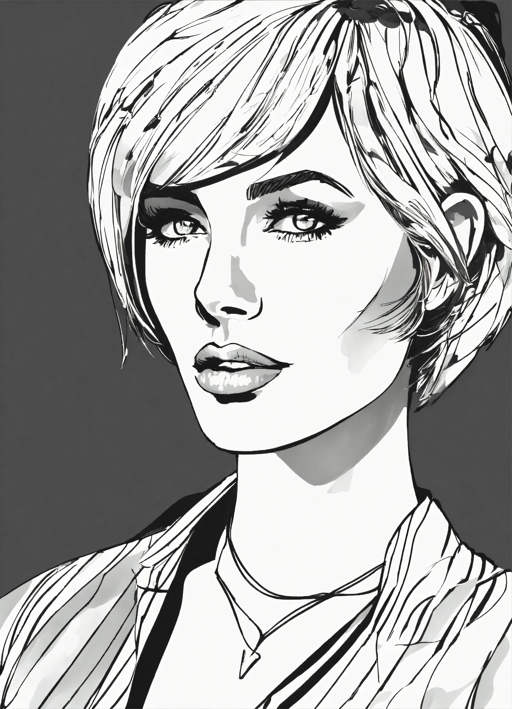 Lexica - Black and white clipart of pretty woman, short hair, upper ...
