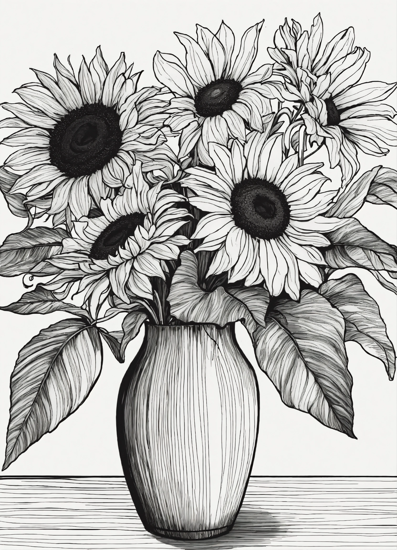 Lexica - Black and white bold line drawing, floral arrangement in vase ...