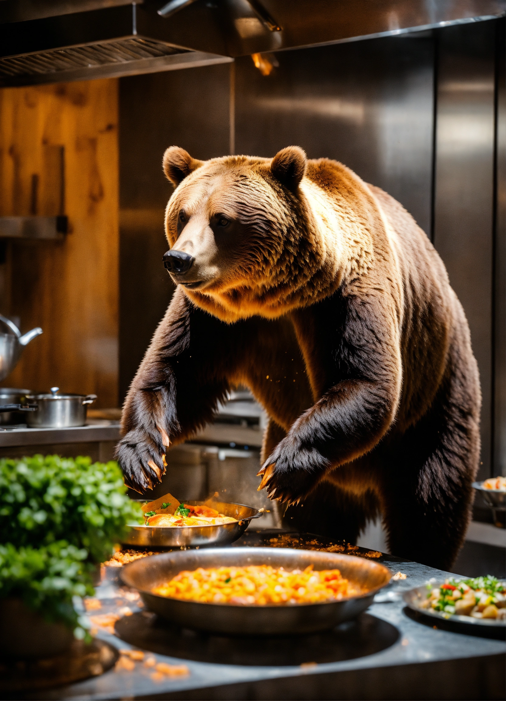 Lexica - Grizzly bear cooking in kitchen, French restaurant, fine ...