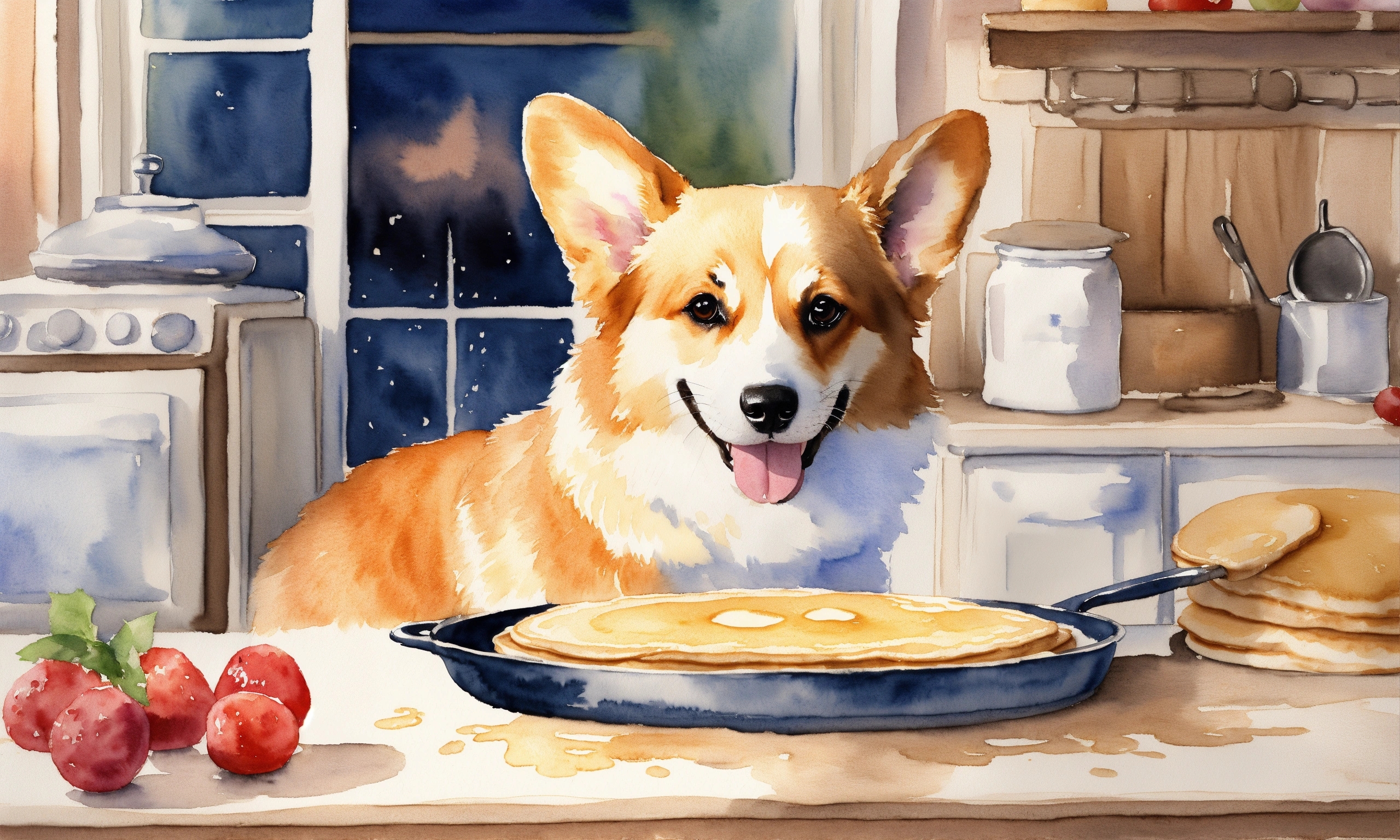 Lexica - Corgi cooking a pancake watercolor