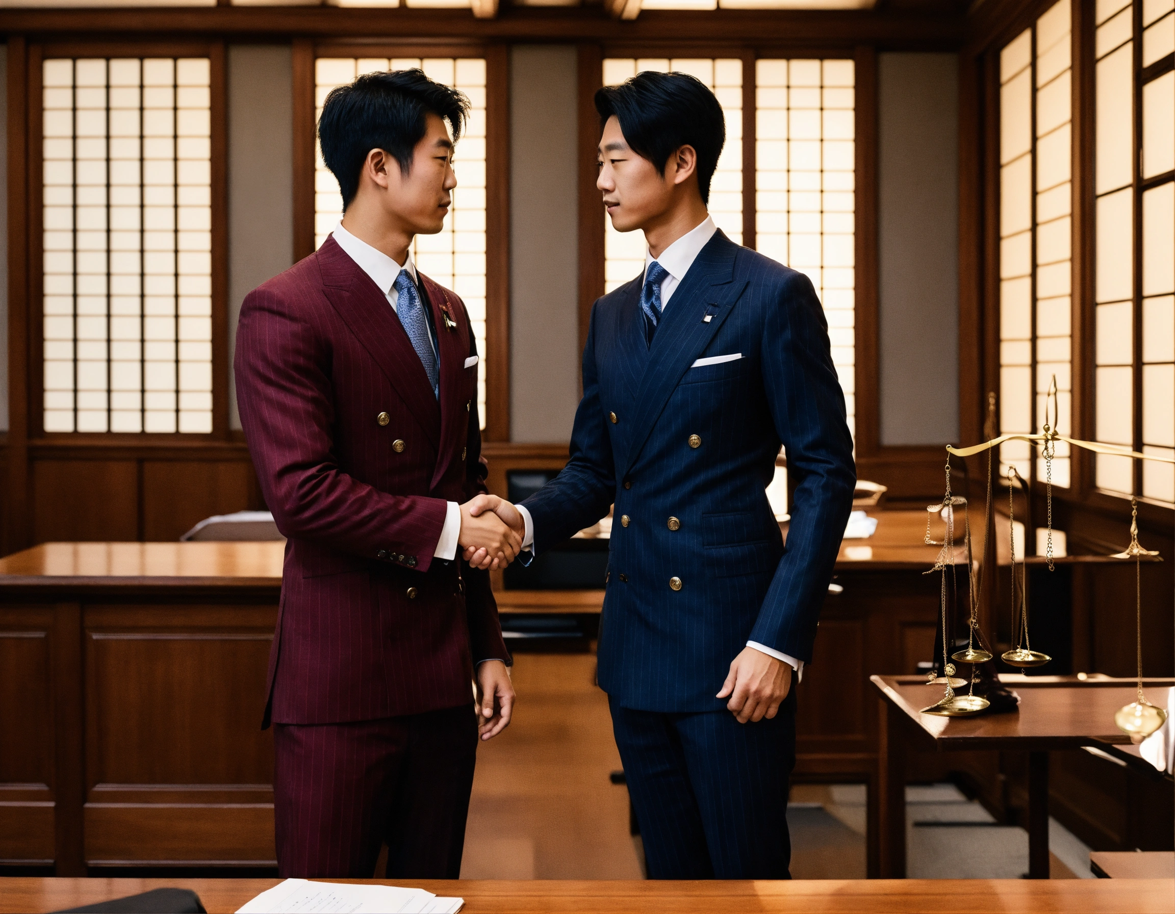Lexica - Two young Japanese male lawyers in burgundy pinstripe double ...
