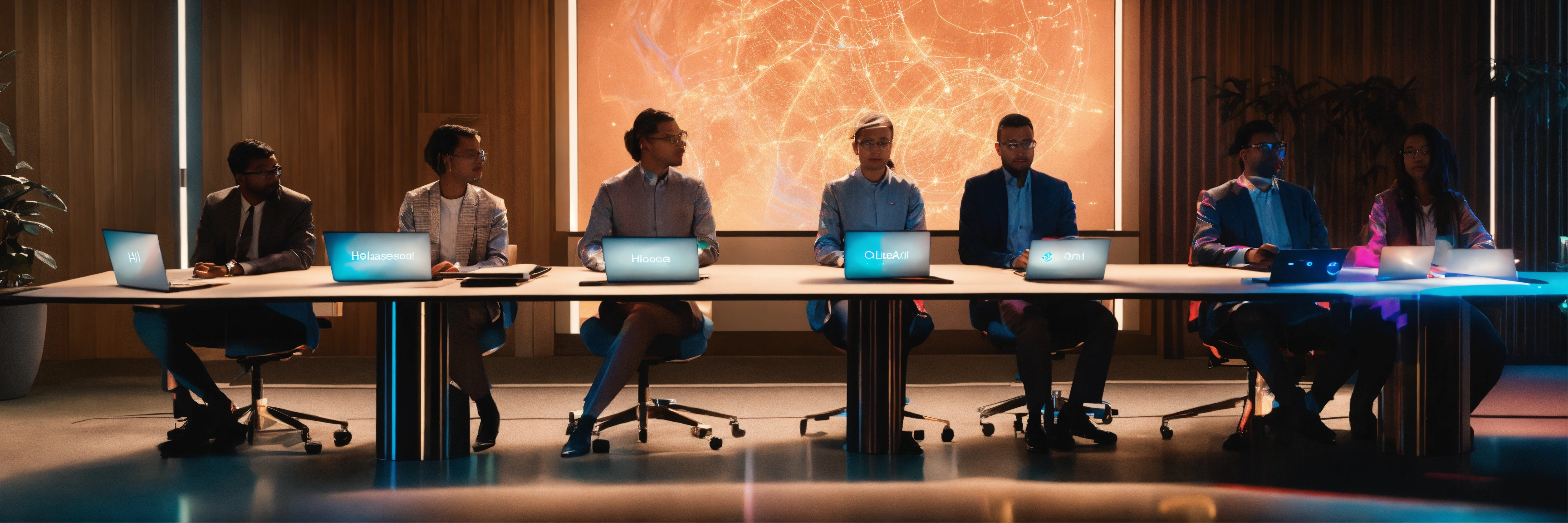 Lexica - A virtual boardroom with holographic AI employees sitting at ...