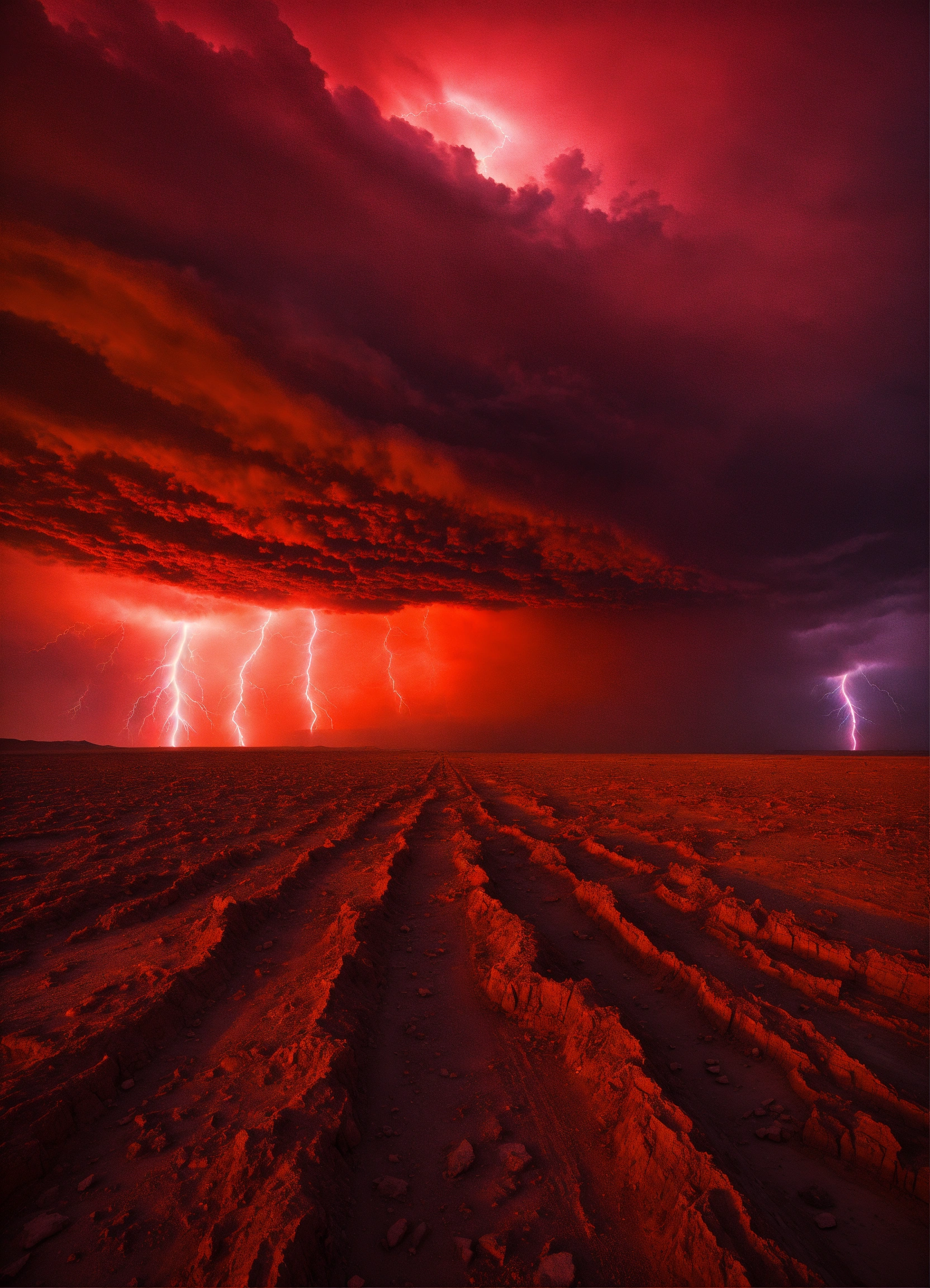 Lexica - Desolate wasteland illuminated by a red thunderstorm