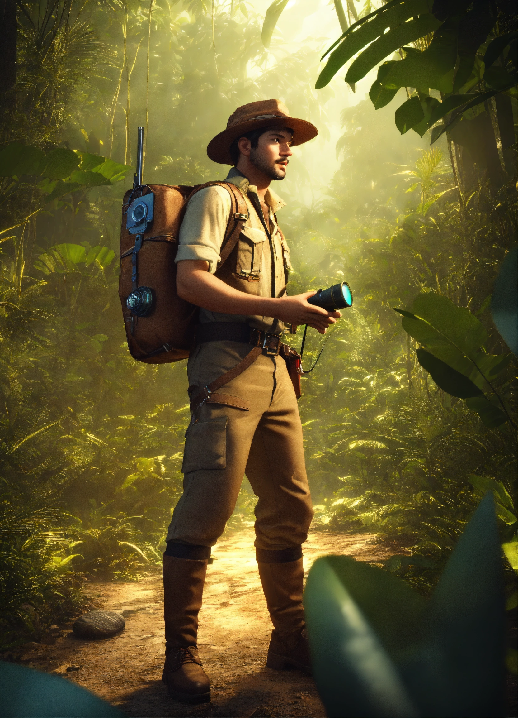 Lexica - A 35-years-old Treasure Hunter with a explorer hat and dressed ...