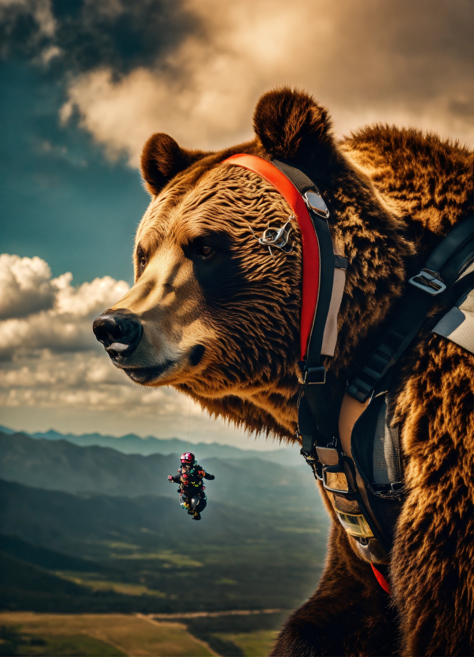 Lexica - Grizzly bear skydiving, parachute, wearing goggles, best ...