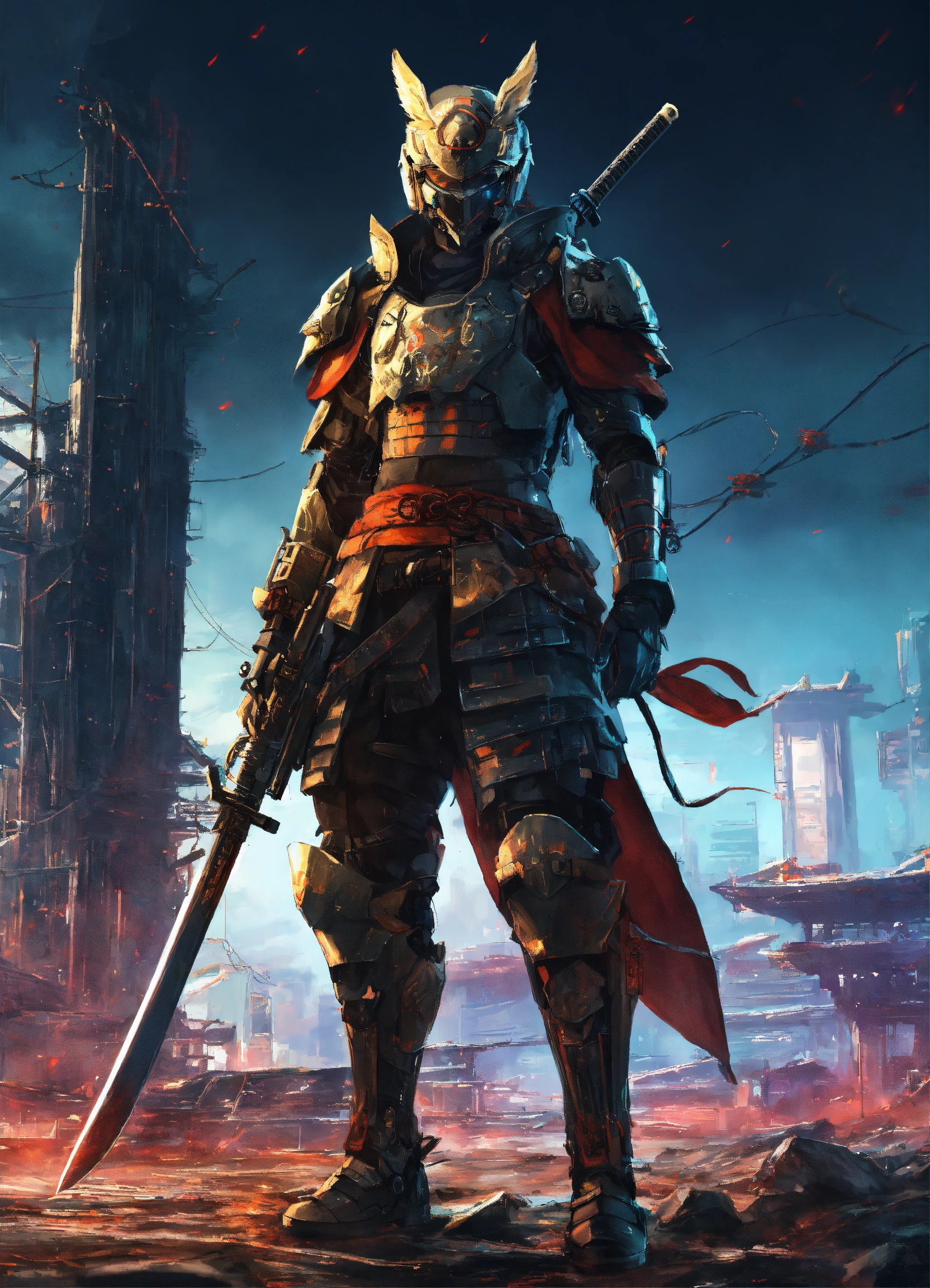 Lexica - Anime depiction of a cybernetic samurai in a post-apocalyptic ...