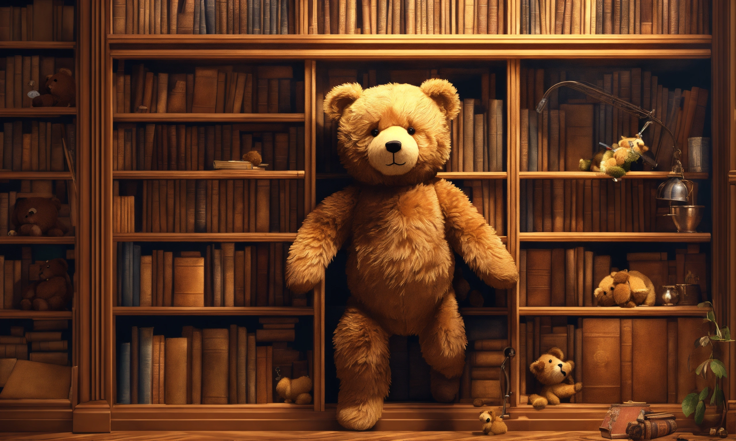 Lexica - Stunning illustration of a teddy bear climbing a bookcase ...
