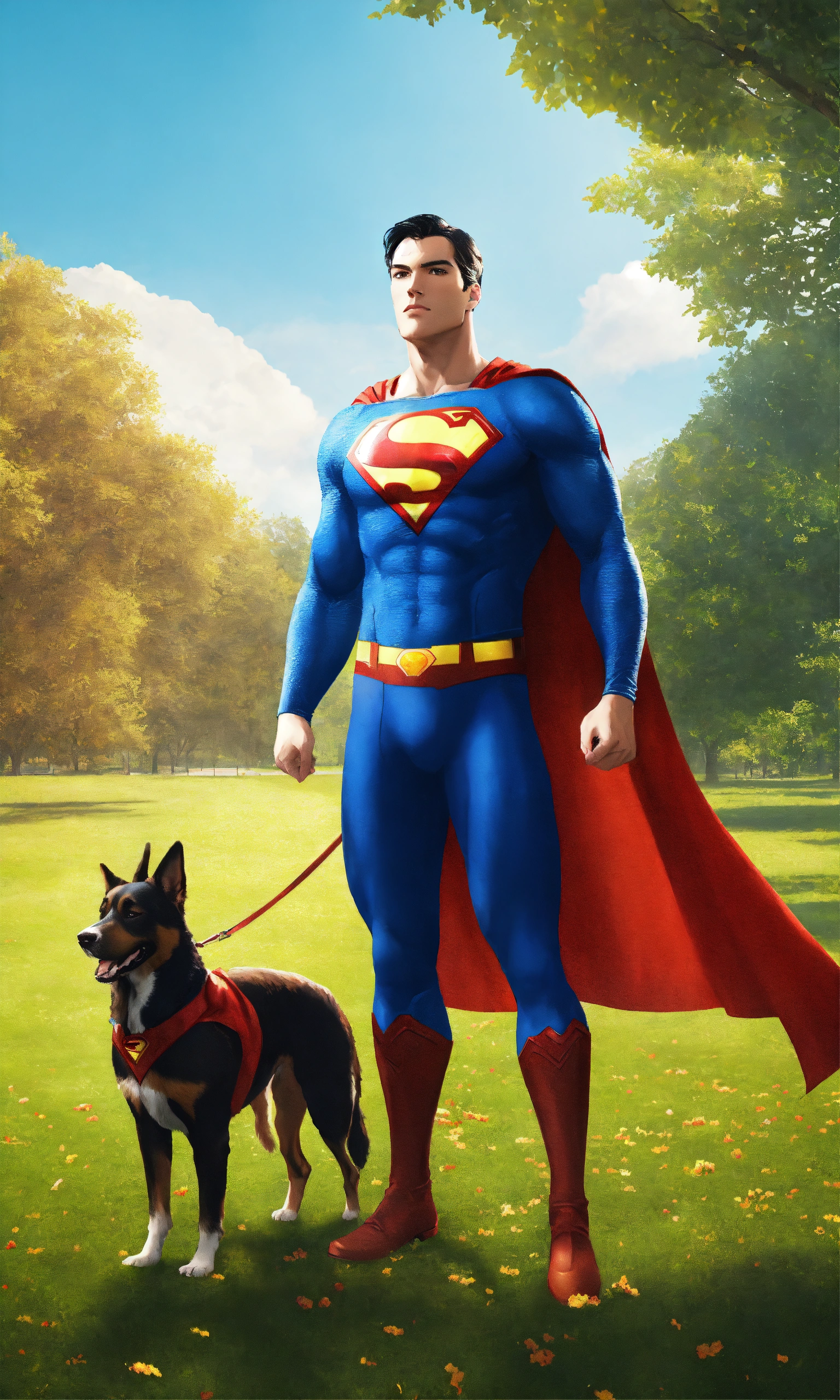 Lexica - Superman with his dog in the park, 2D render, full-body view ...