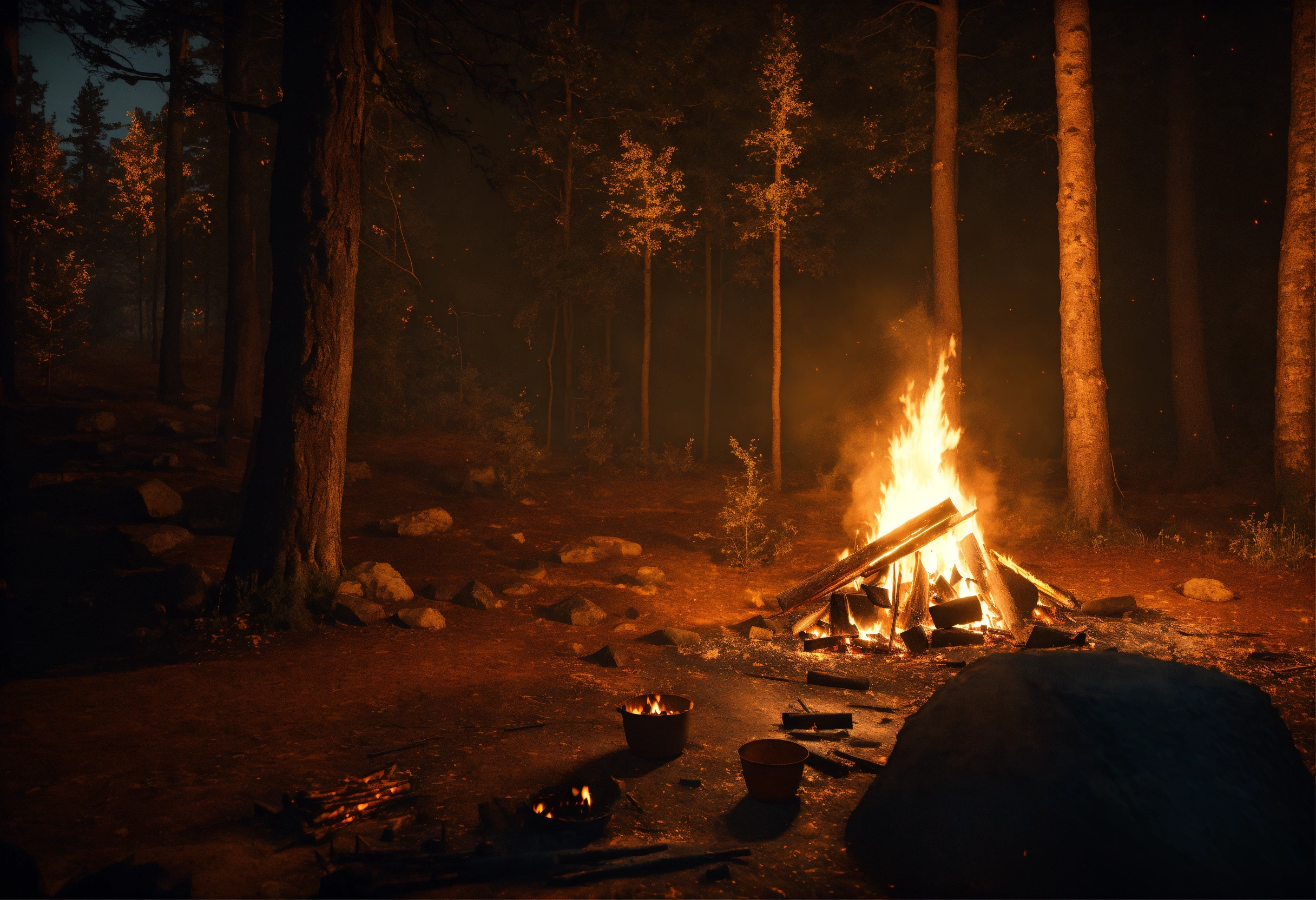 Lexica - Unreal engine, camp fire in the woods, dark, night, alone