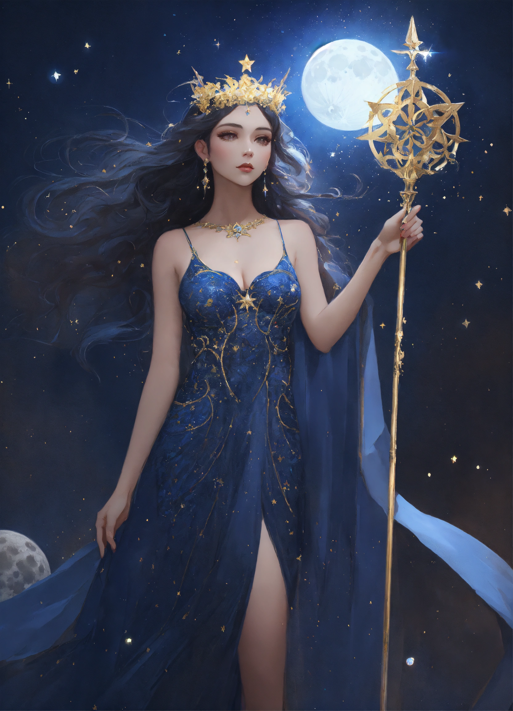 Lexica - Moon goddess holding a staff, highly detailed star crown ...