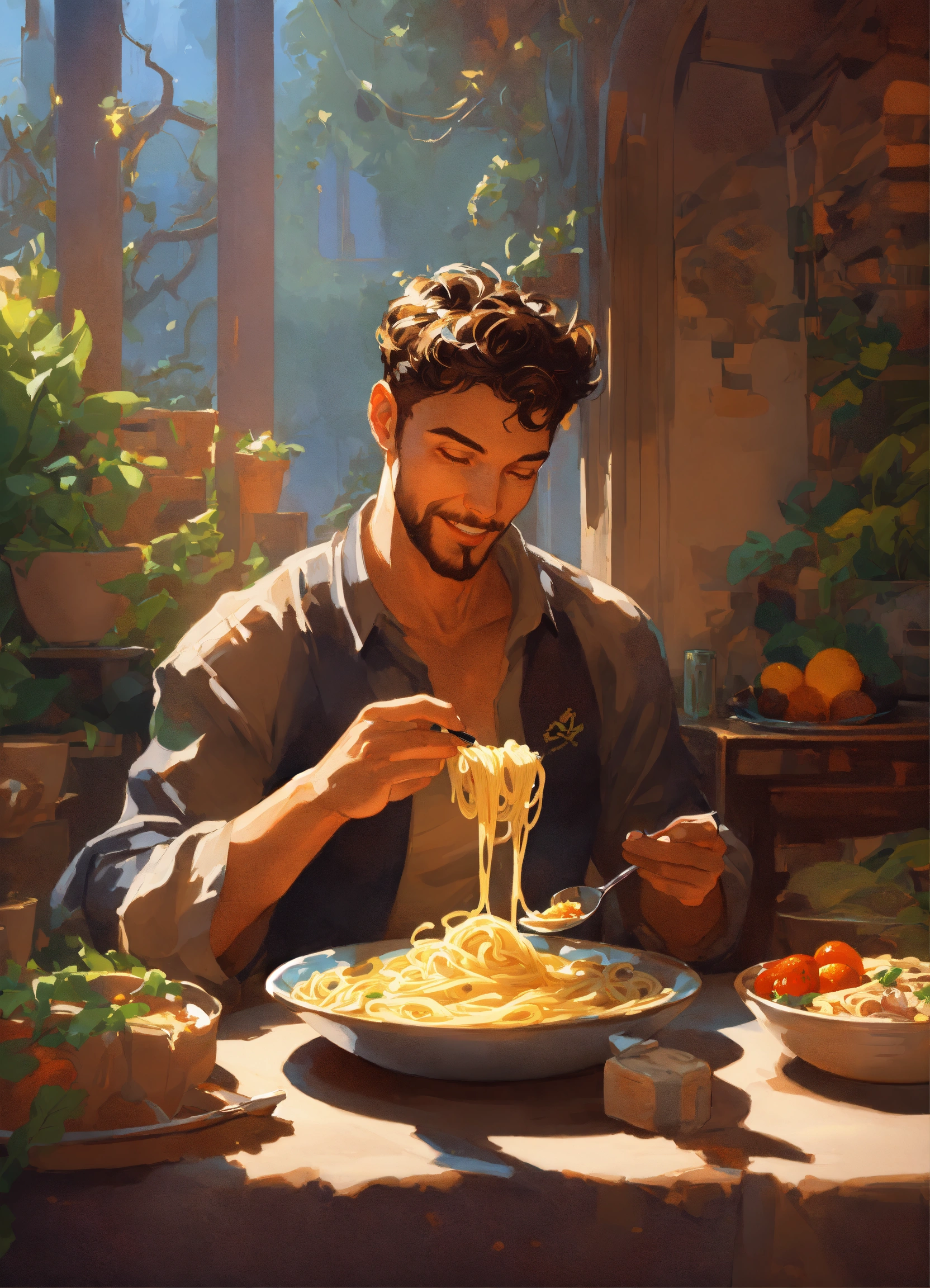 Lexica - Highly detailed man happily eating bowl of fettucini, stephen ...