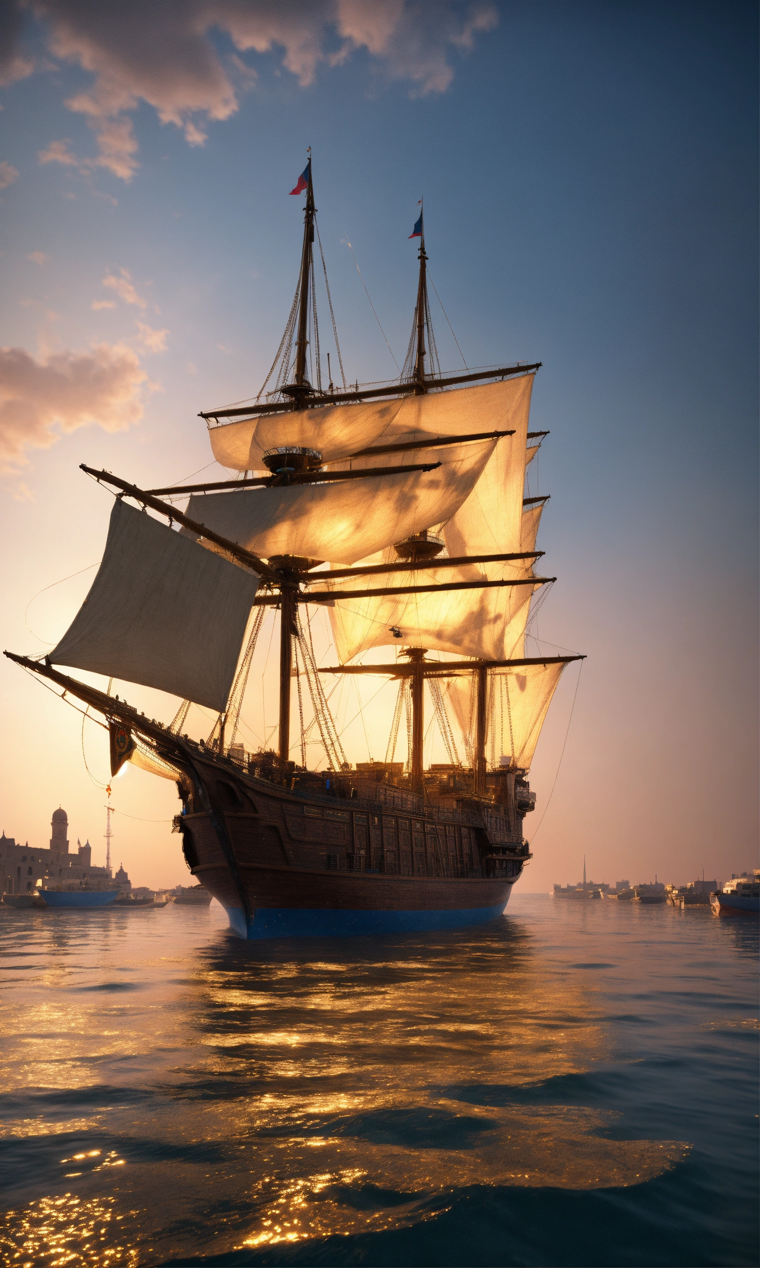 Lexica - Xebec ship sailing on the sea, with Persian town based on ...