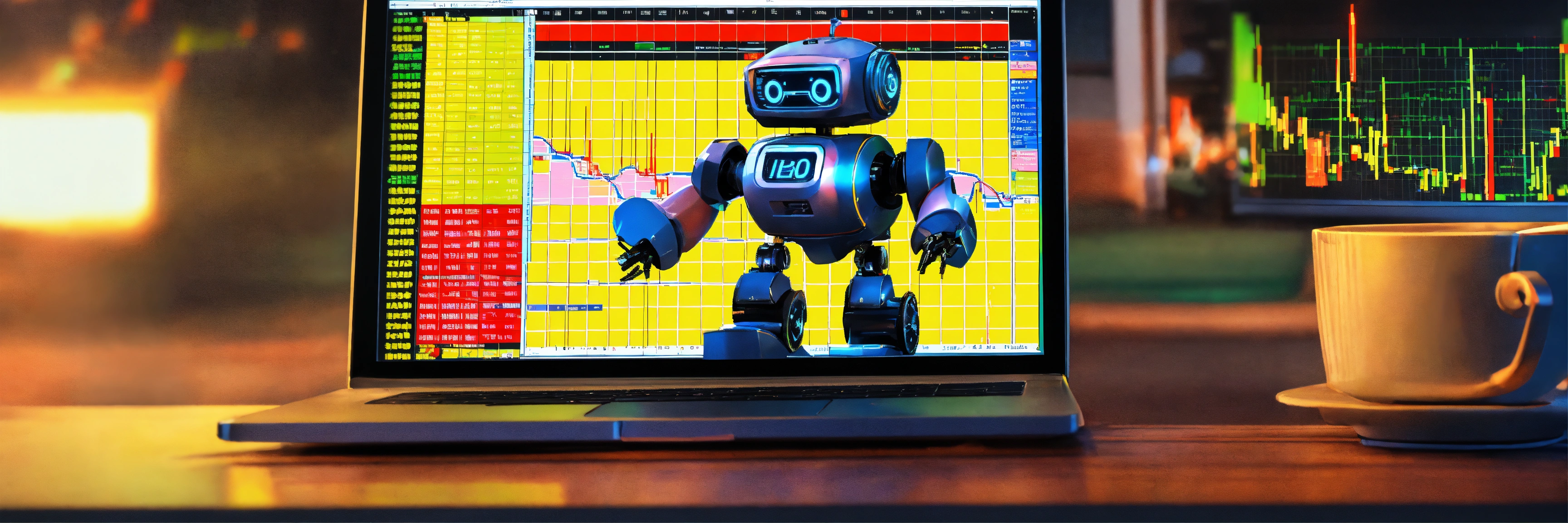 Lexica - Cute robot that monitors binary options chart on laptop