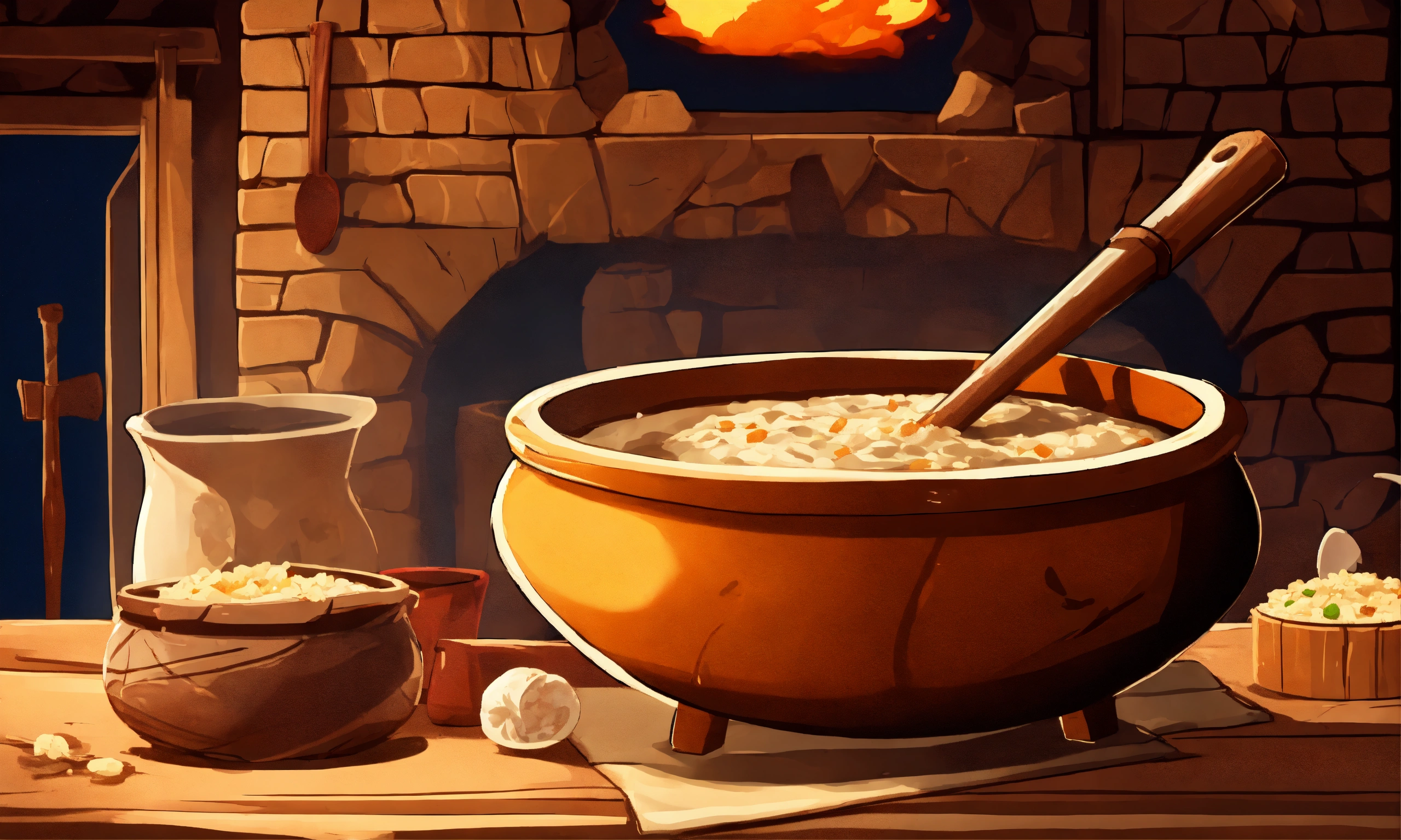 Lexica - Cartoon style an ax and delicious porridge in a clay medieval ...