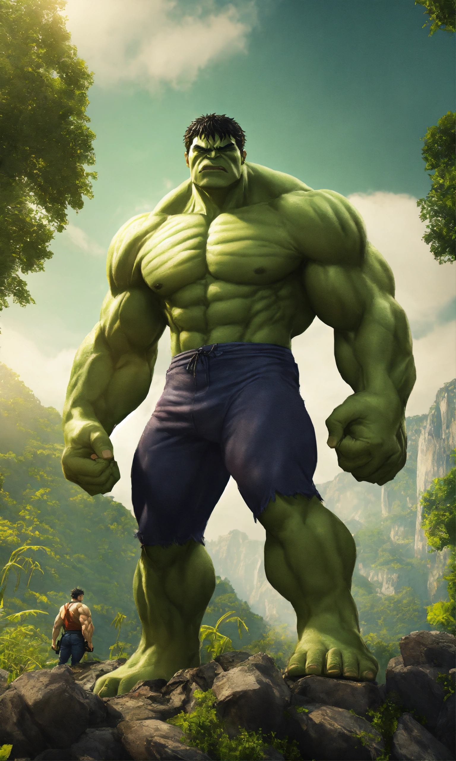 Lexica - 3 Hulk standing together, nature background, 2D render