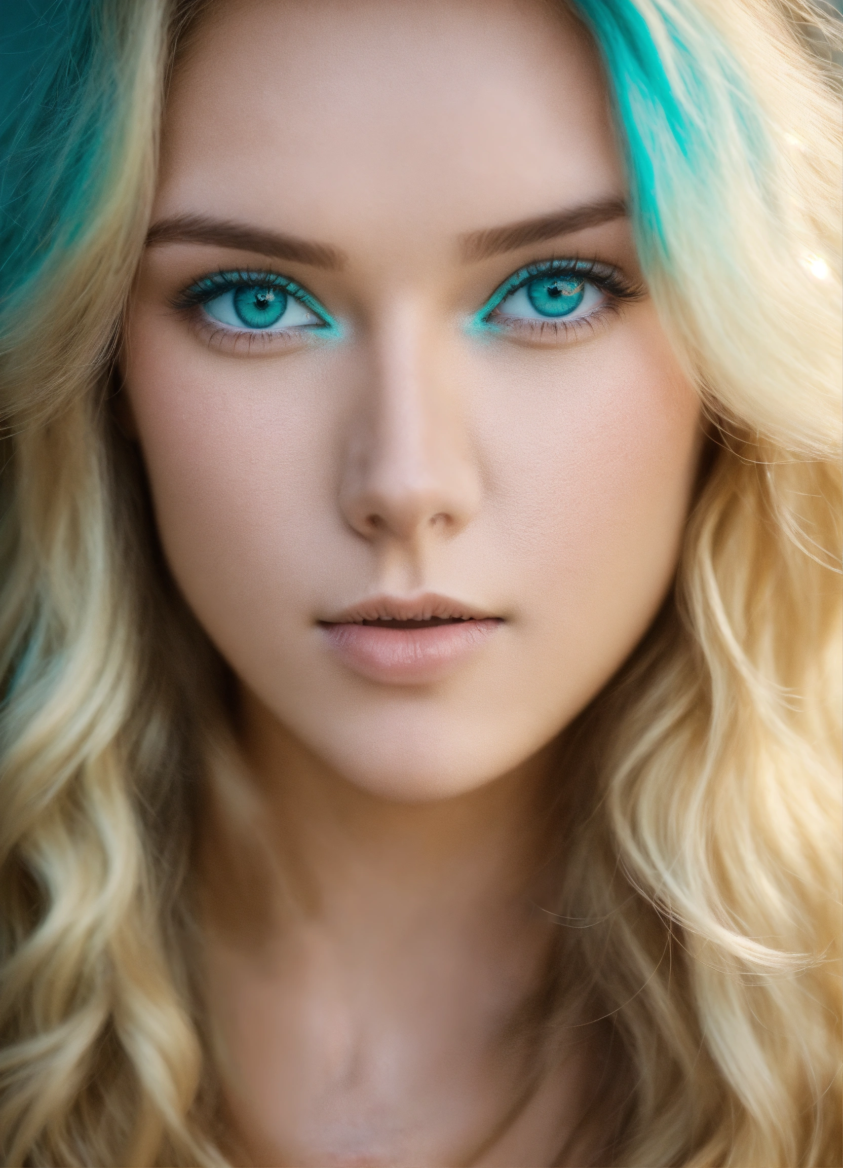Lexica - White woman, fair skin, long bright cya wavy hair, cyan eyes