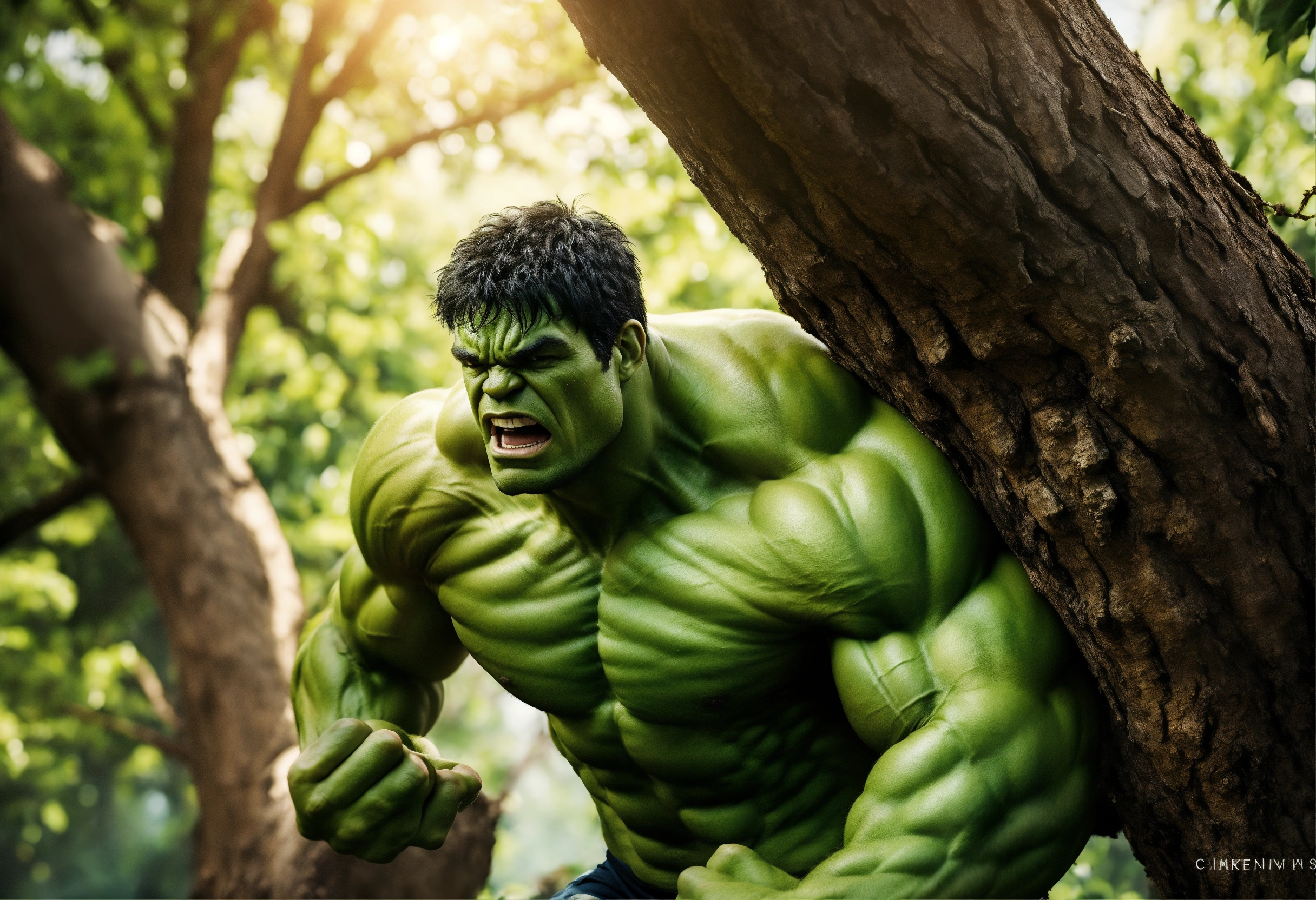 Lexica - The Hulk climbing the tree but getting stuck himself