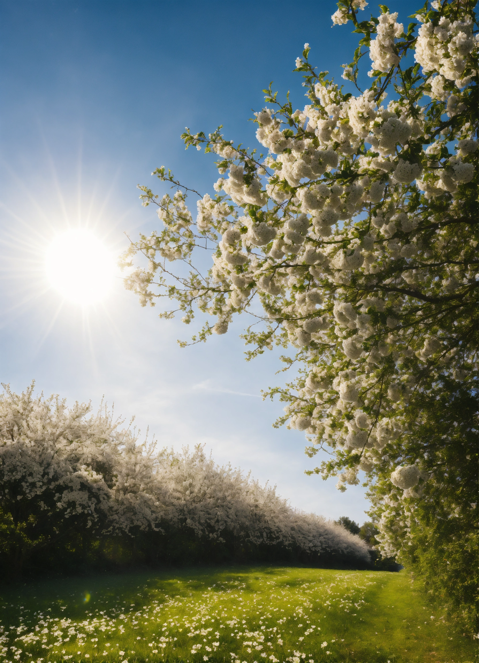 Lexica - Blue sky with white flowers, trees and sun shining in the ...