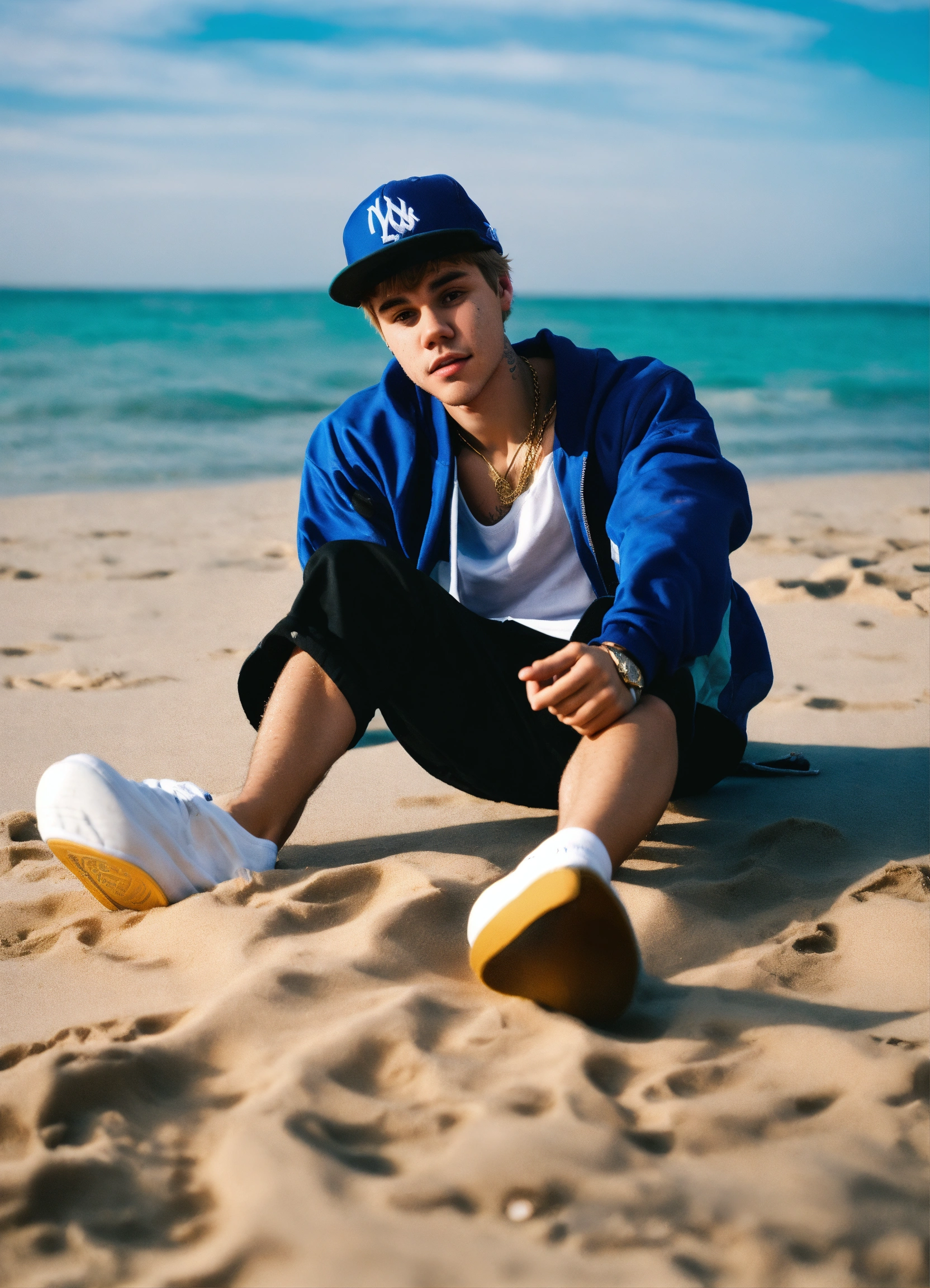 Lexica - Justin bieber, full-length, lying on the beach, feet in view ...