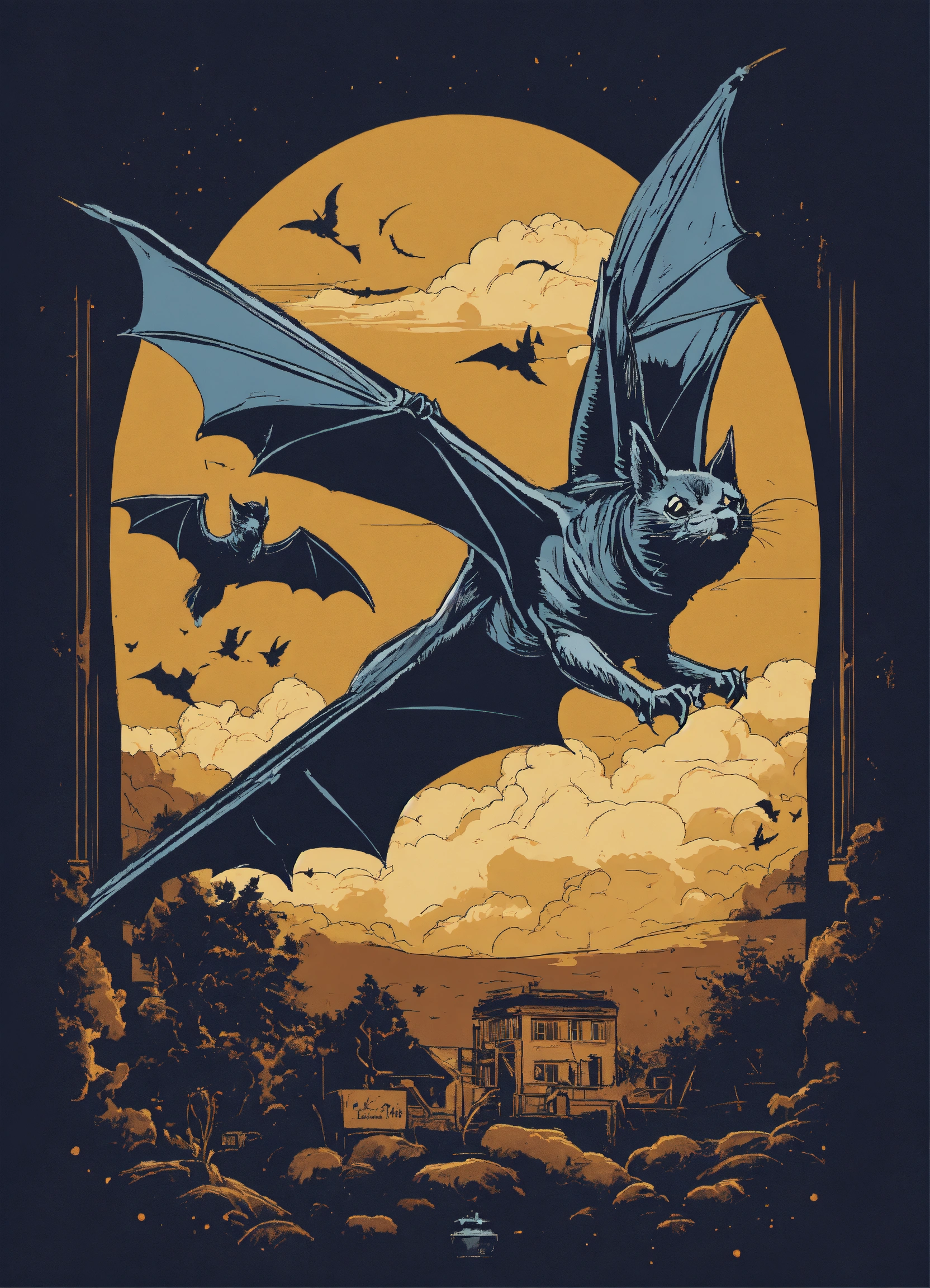 Lexica - T-shirt design, aggressive flying bat holding WWII bomb, dark sky