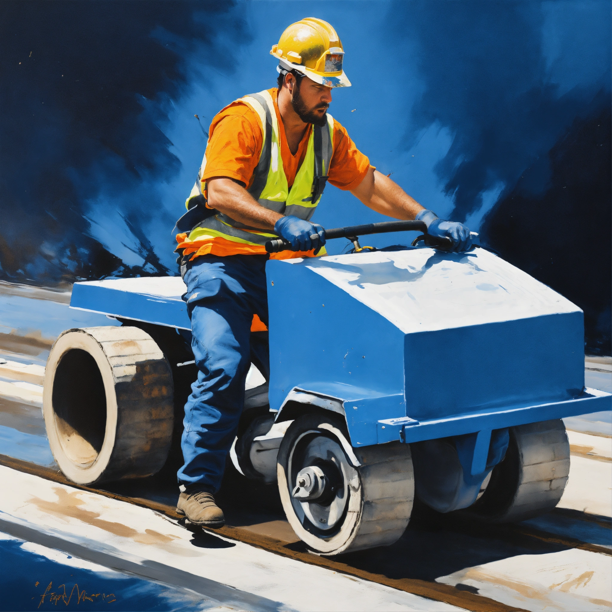 Lexica - Painting of a construction worker riding a asphalt paver into ...