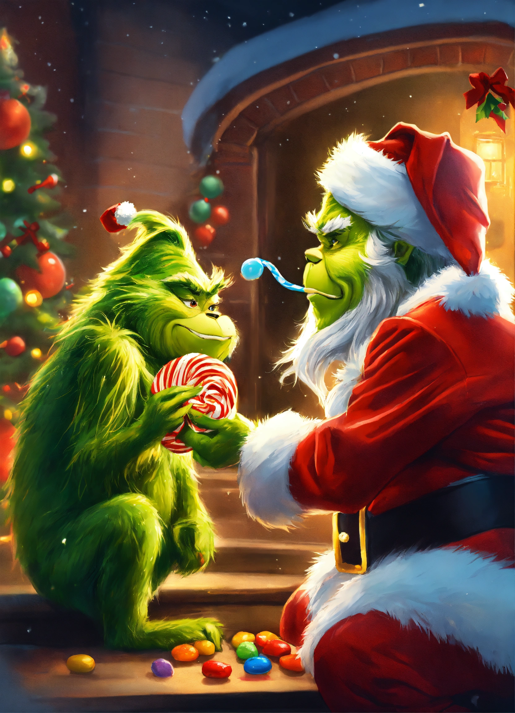 Lexica - Santa klaus and the grinch eating candy togheter digital ...