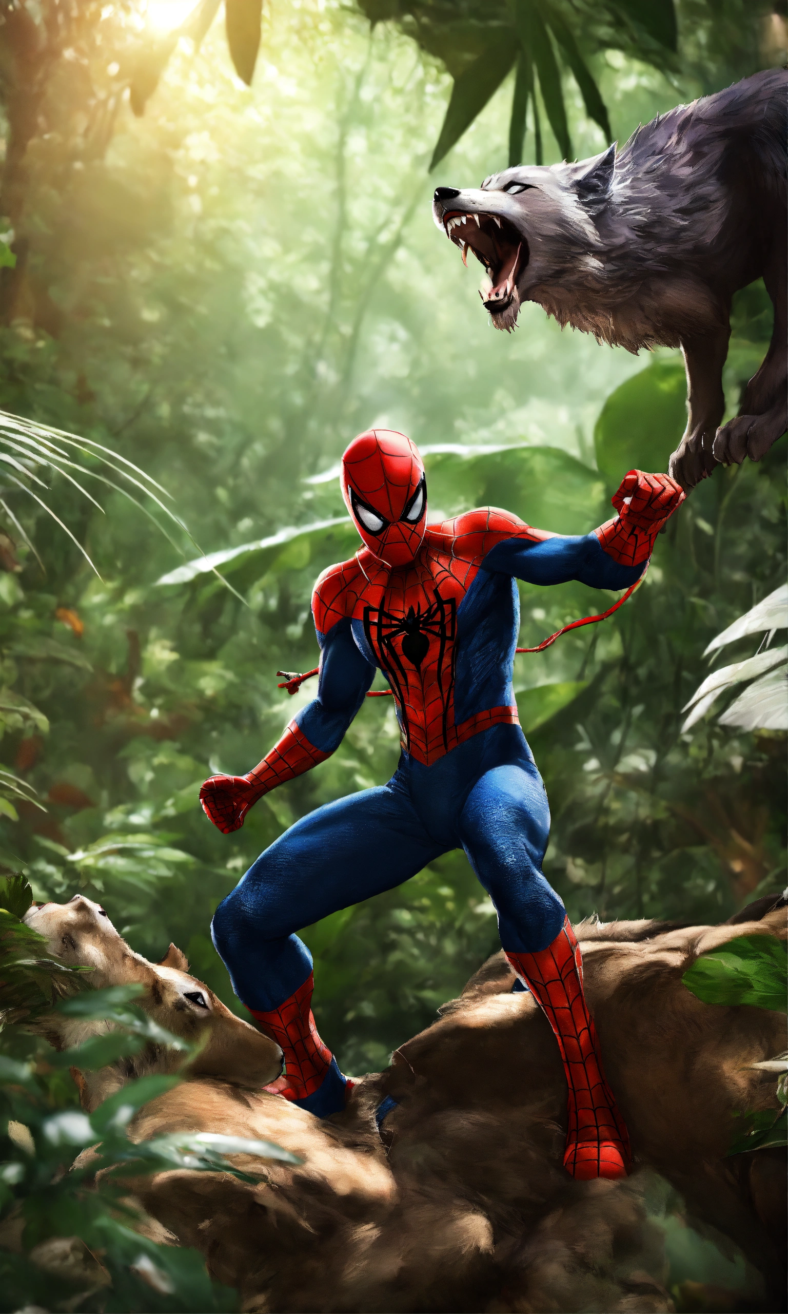 Lexica - Spiderman fighting with a wolf in the jungle, nature ...