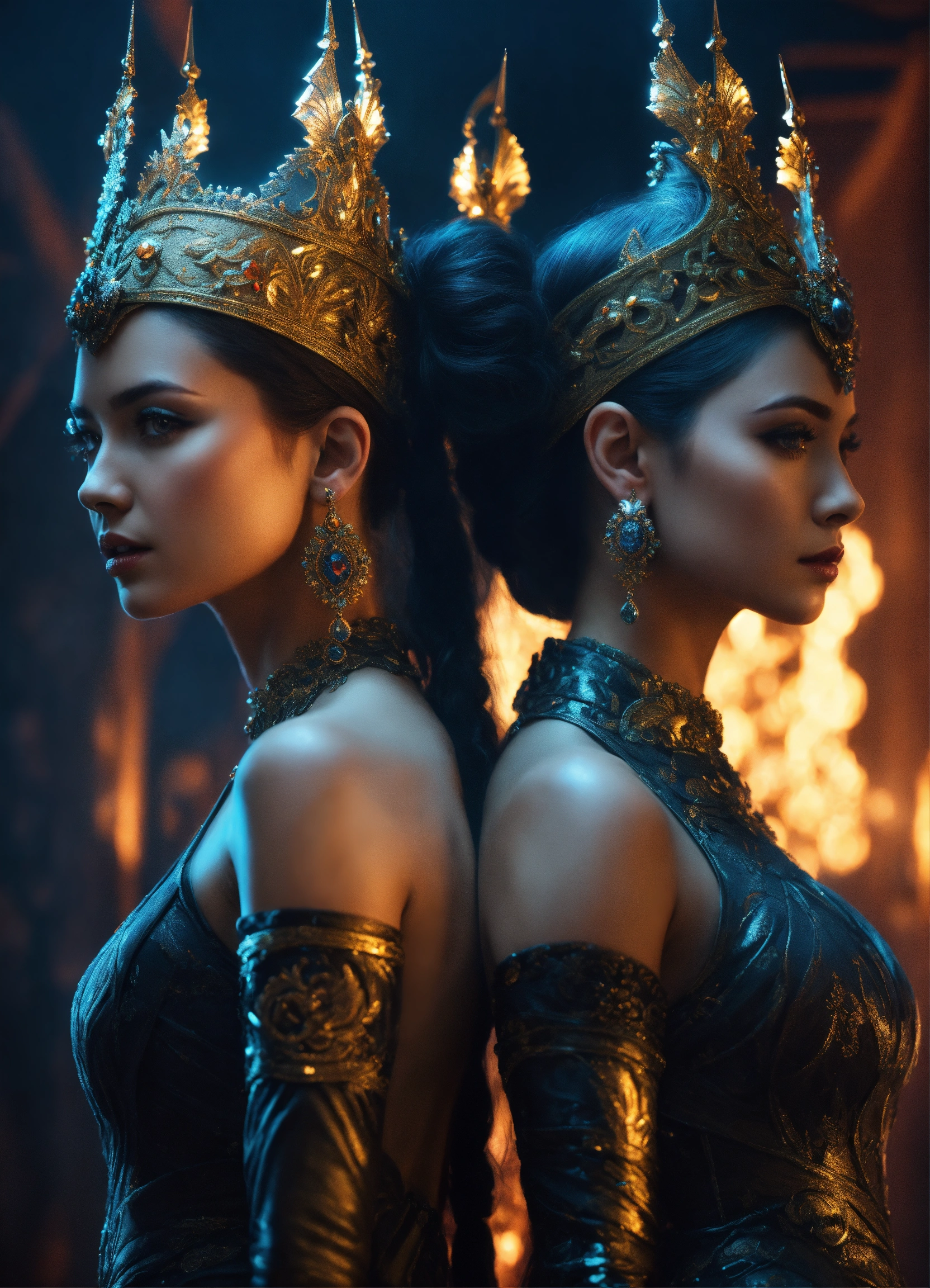 Lexica - Two beautiful queens of darkness standing back to back, mystic ...