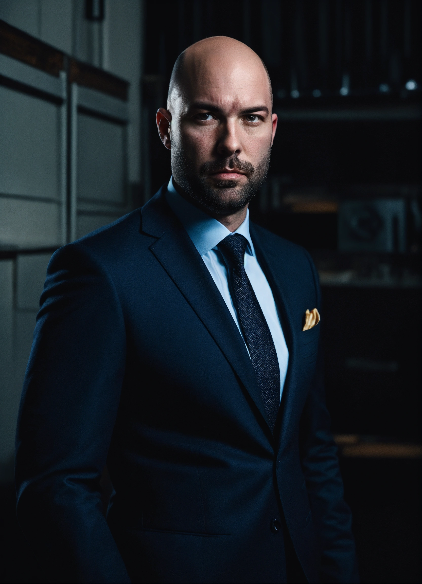 Lexica - Image of bald andrew tate, with stubble ,in a suit, facing at ...