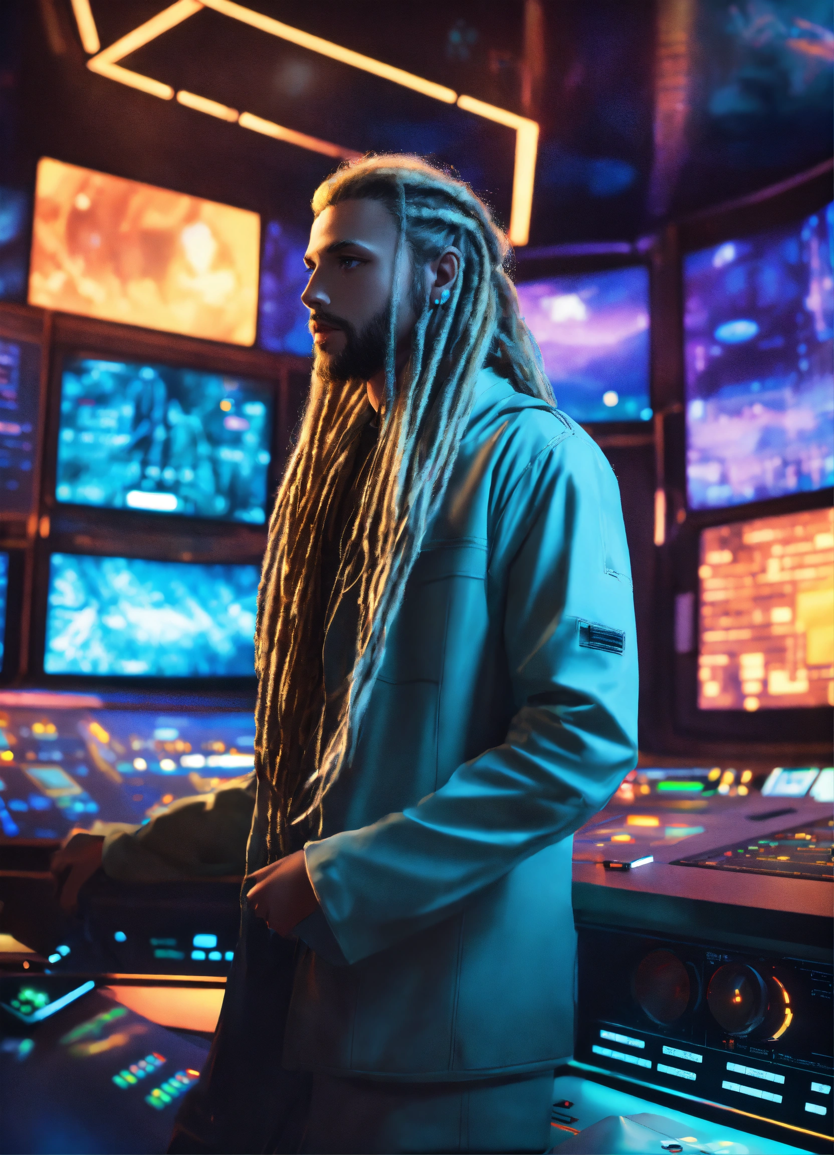 Lexica - Caucasian male with long blonde dreadlocks wearing futuristic ...