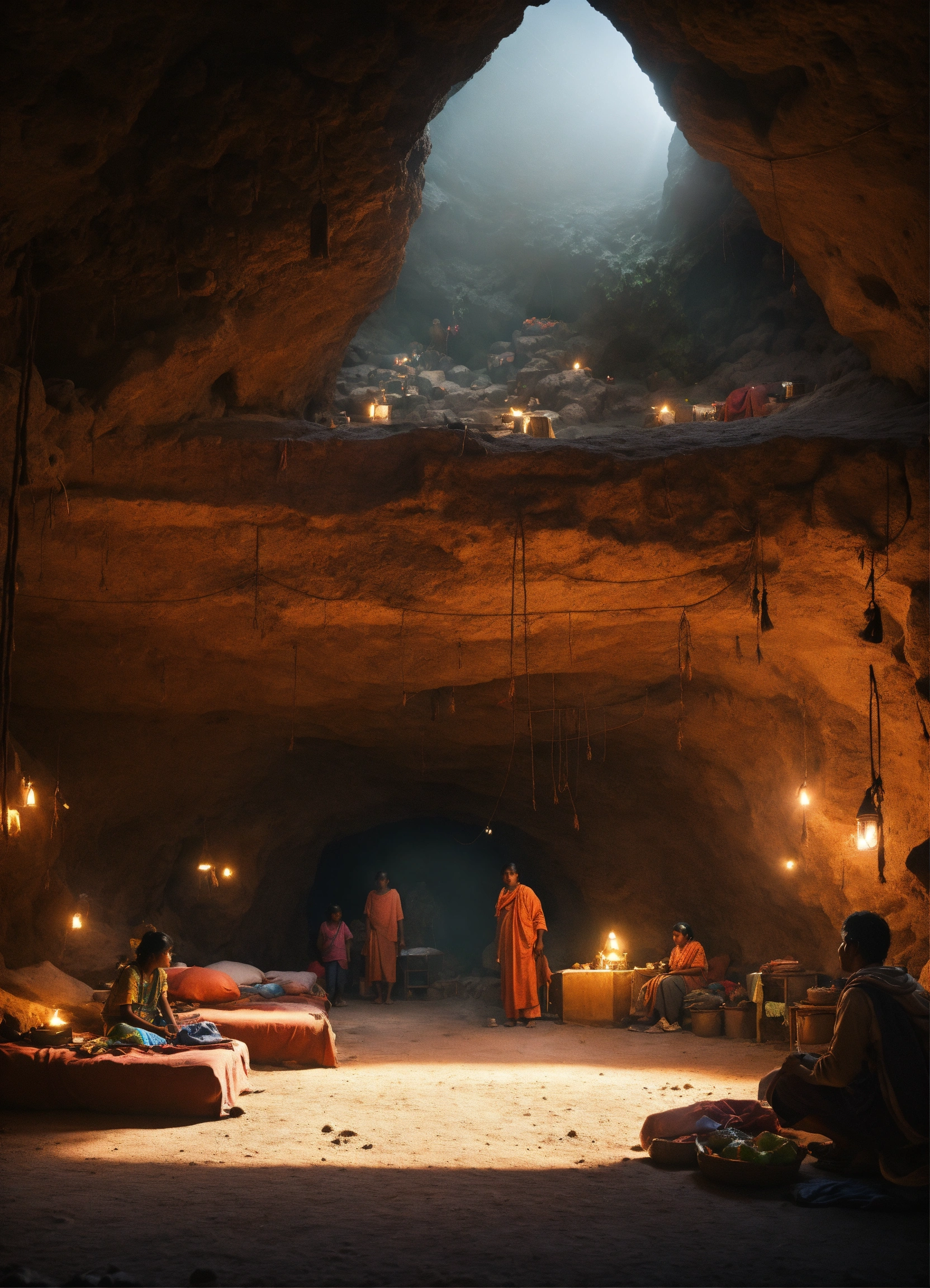 Lexica - A shanti refugee camp inside a dark cave. There is no natural ...