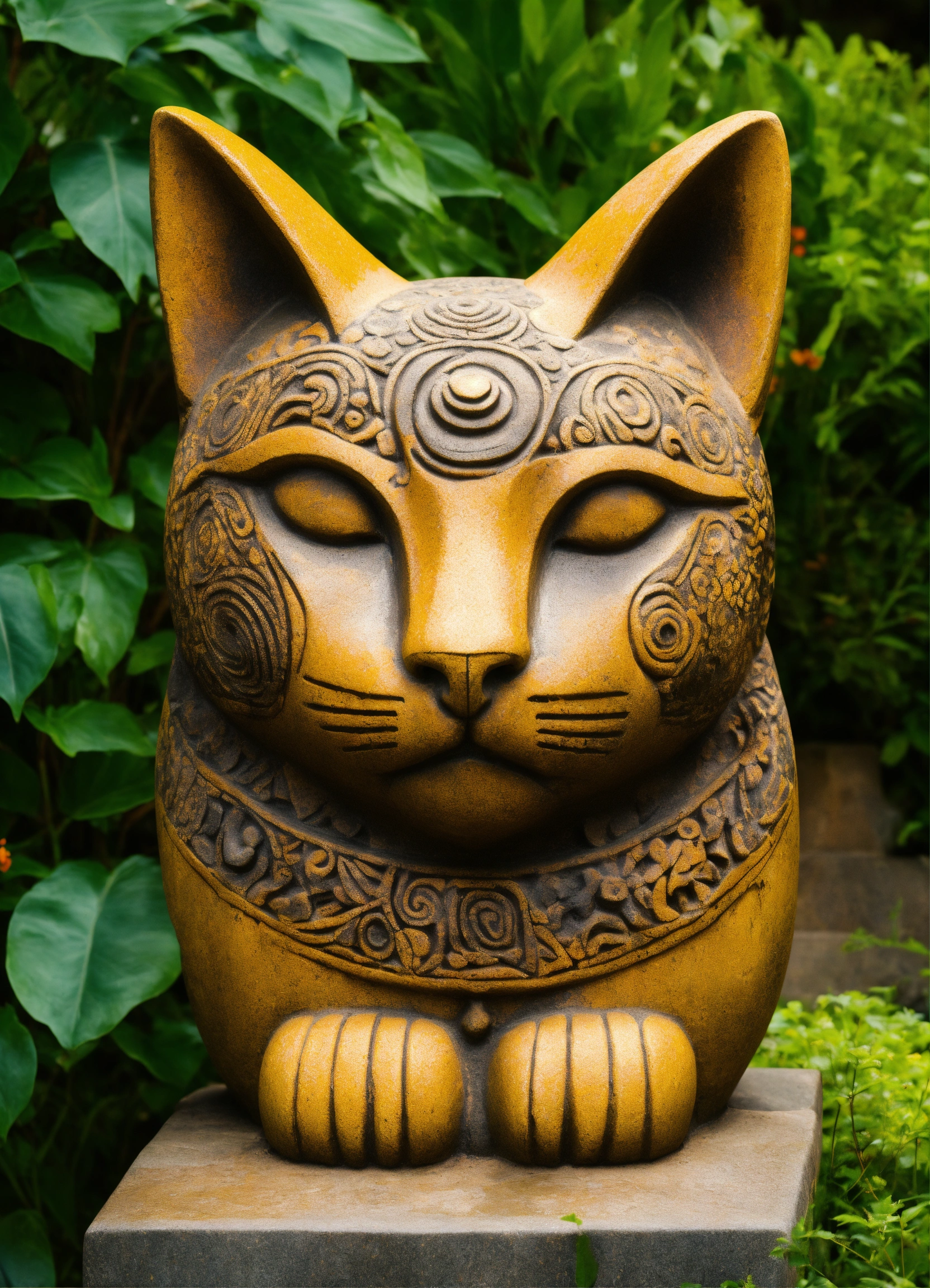 Lexica - An ancient stone cat totem with meditative face garden ...