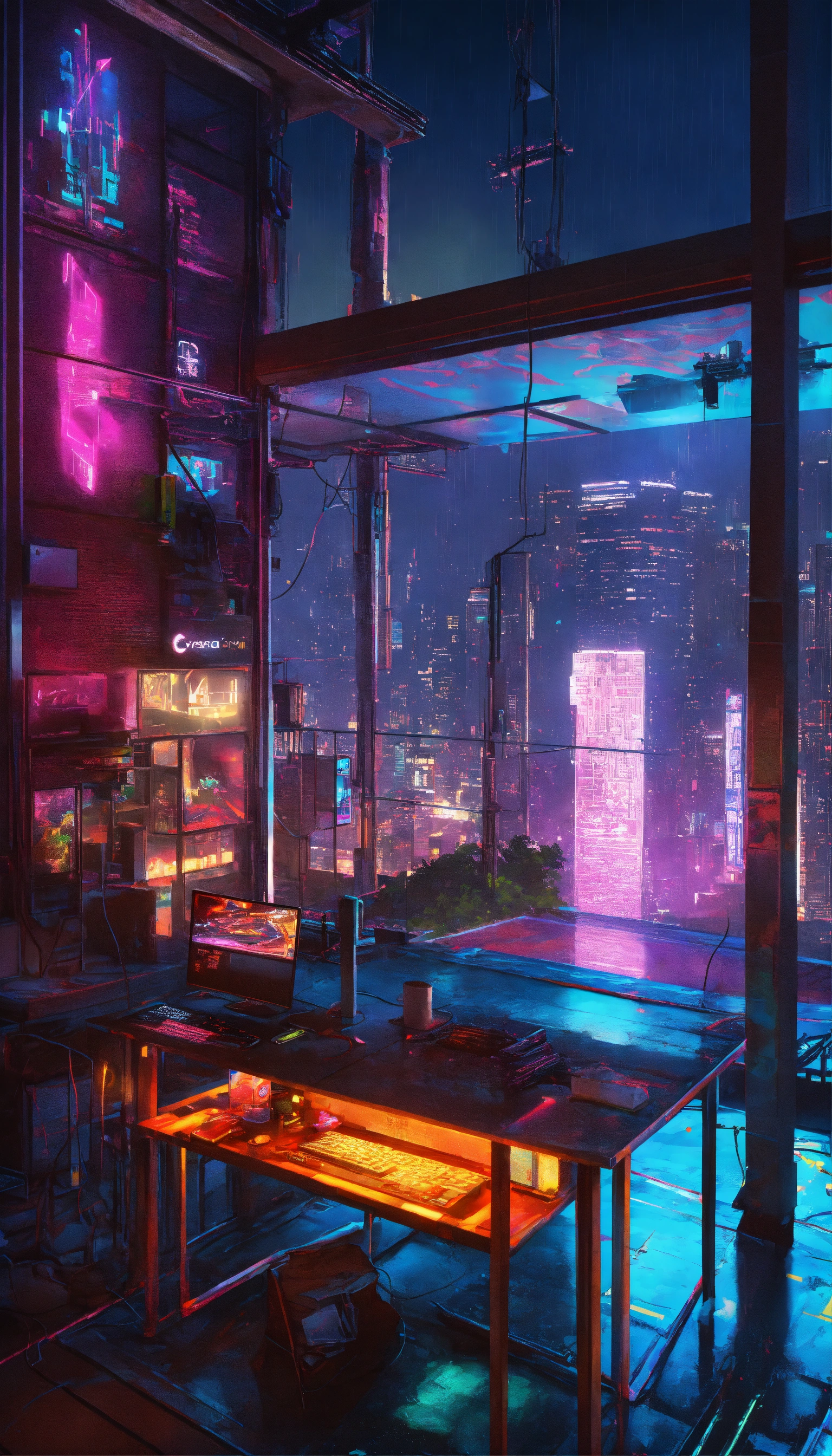 Lexica - A cyberpunk themed balcony at night, illuminated by neon ...