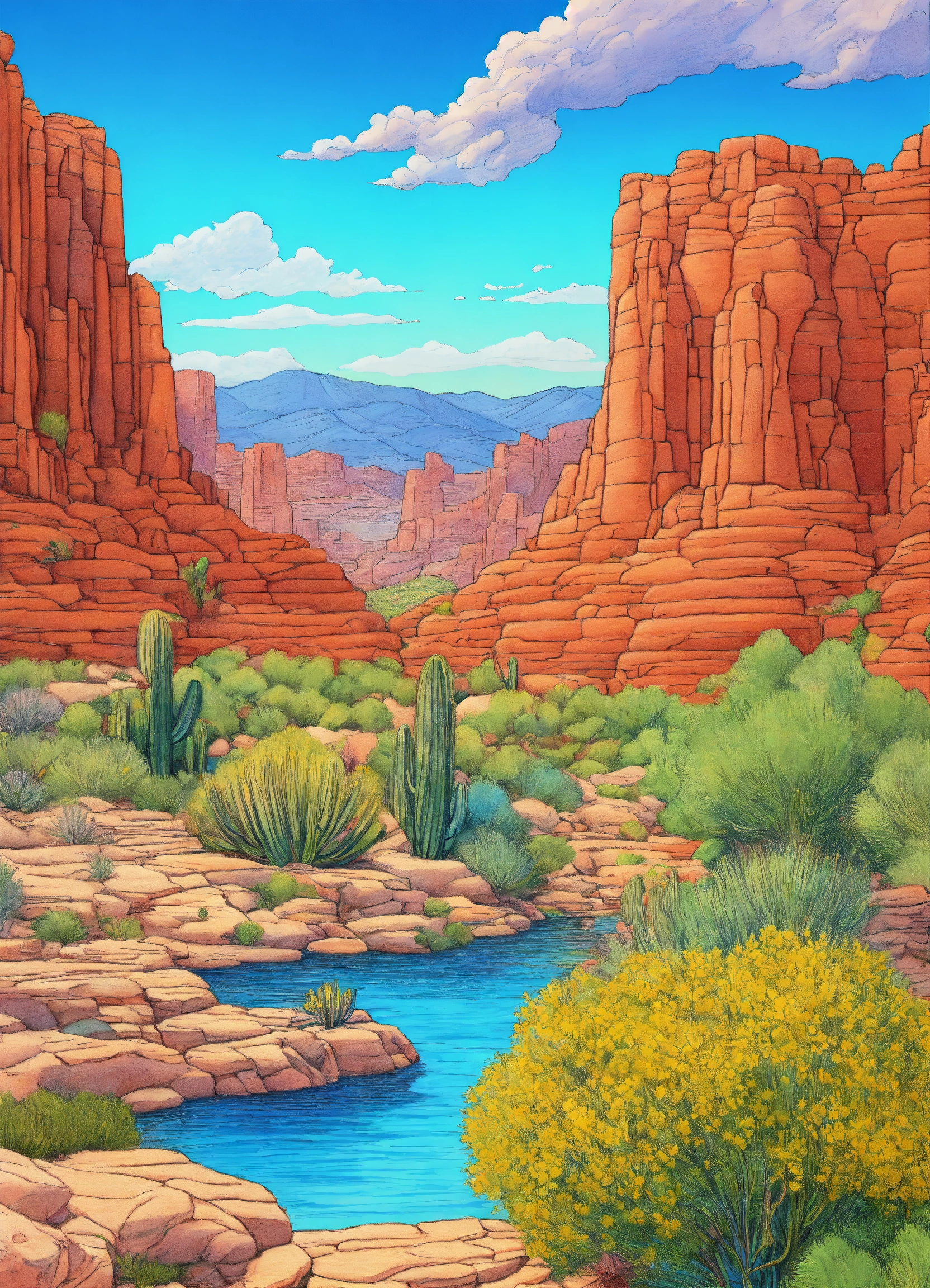 Lexica - Drawing an Arizona landscape in summer. Blue sky, 8k, line ...