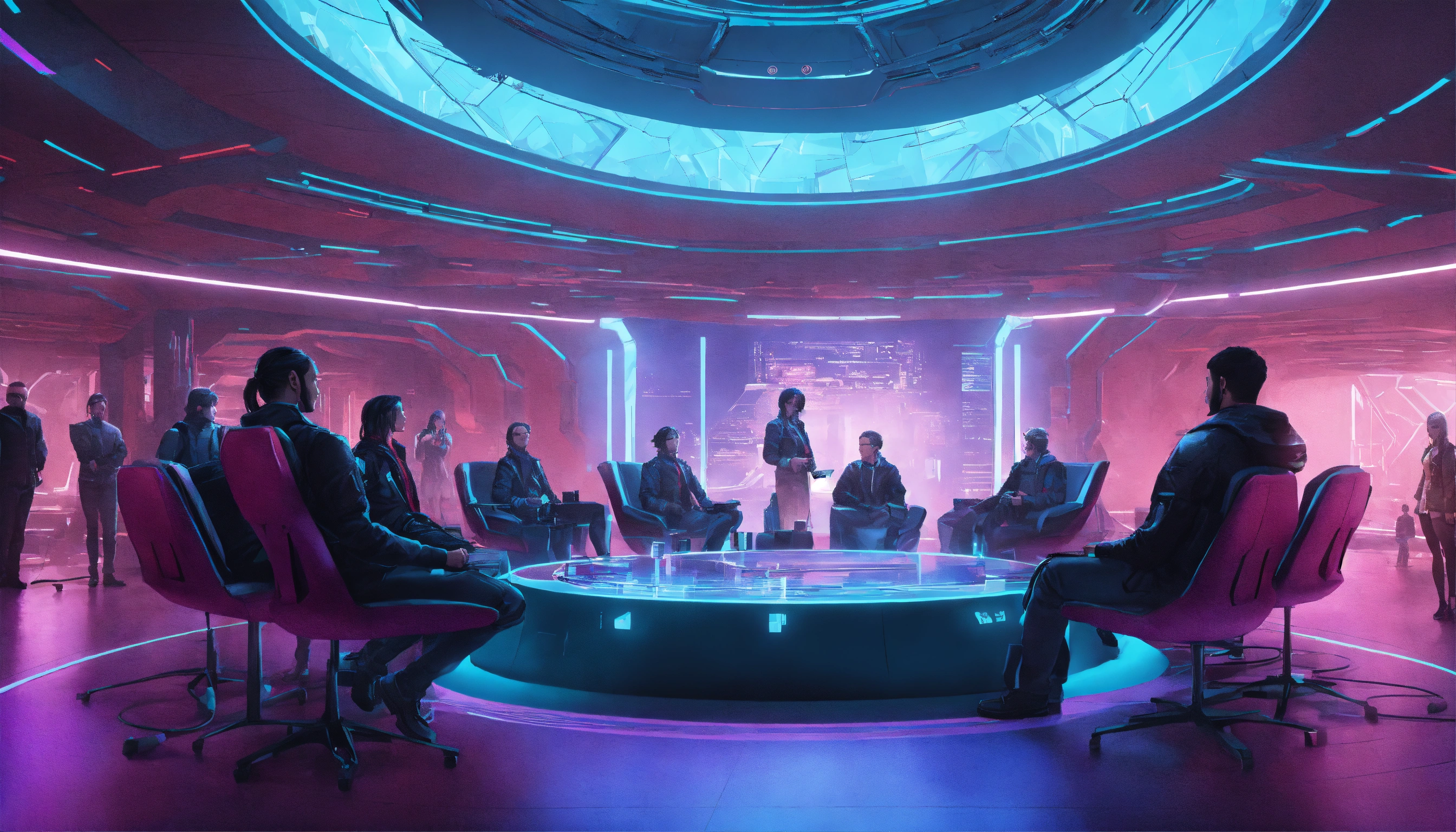 Lexica - Futuristic meeting hall, people in chairs, cyberpunk style ...
