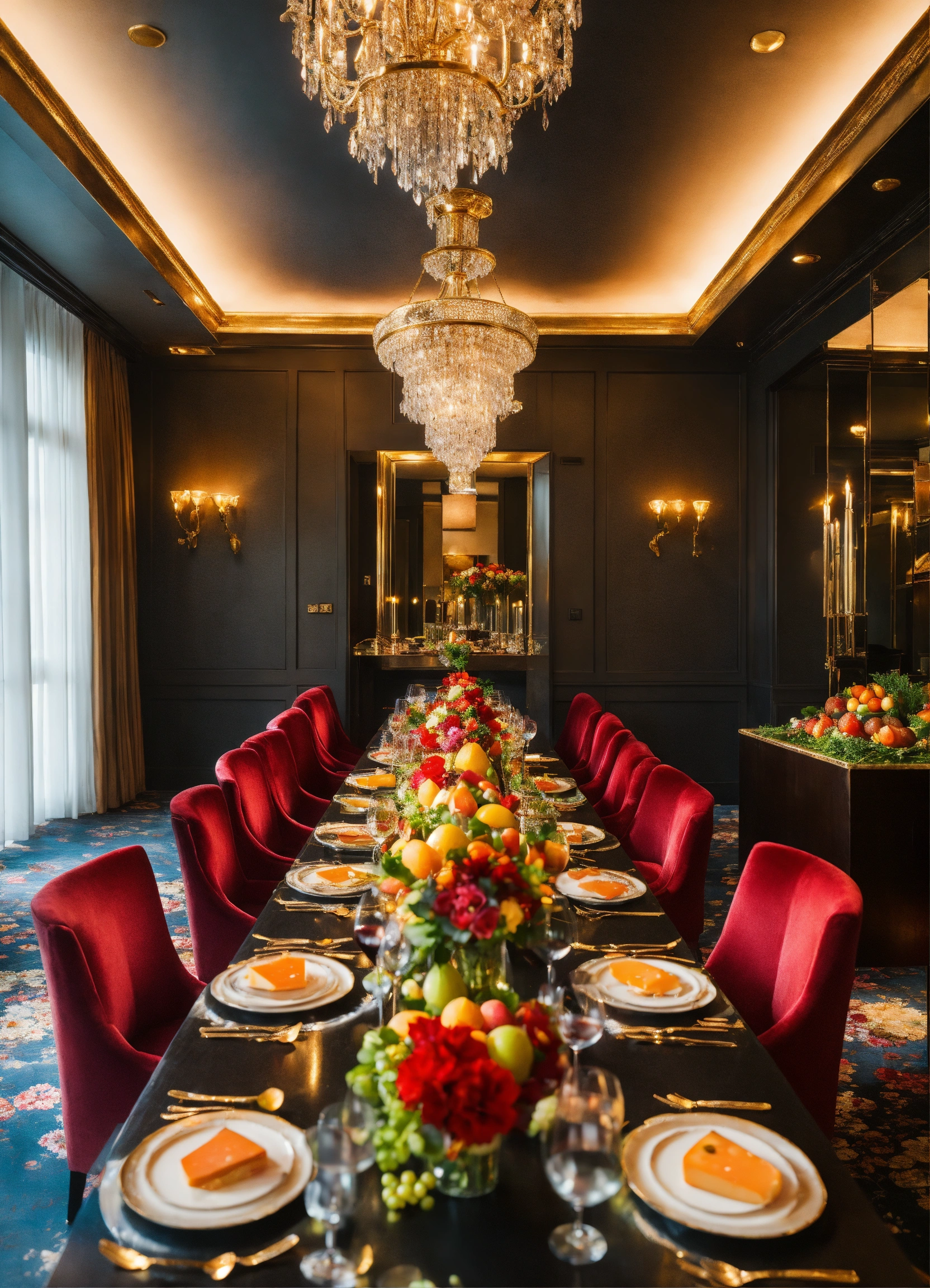 Lexica - Modern upscale hotel, private dining hall, long table, gold ...