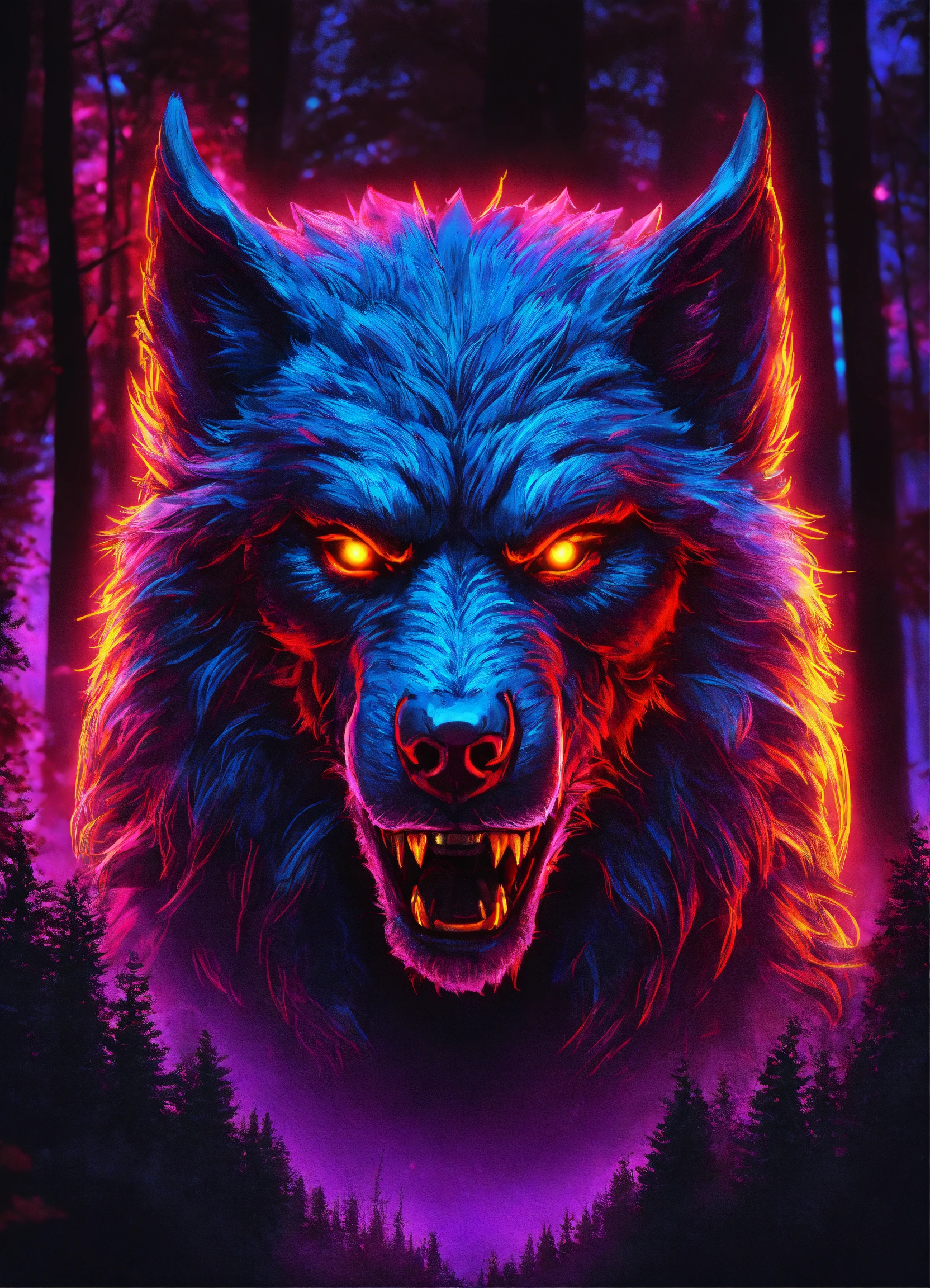 Lexica - Werewolf face in the forest, neon lights, ultra definition PNG