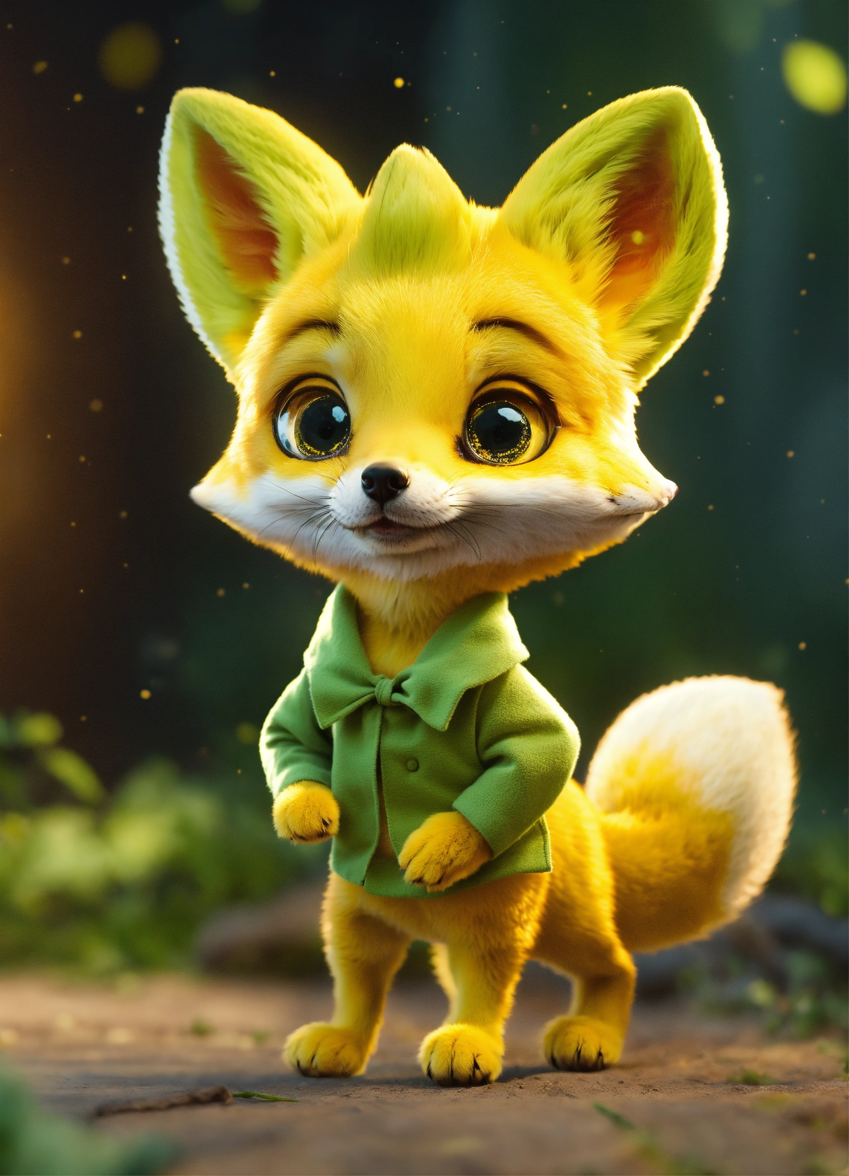 Lexica - A cute Yellow and yellow-gree baby fox with big eyes, animated ...