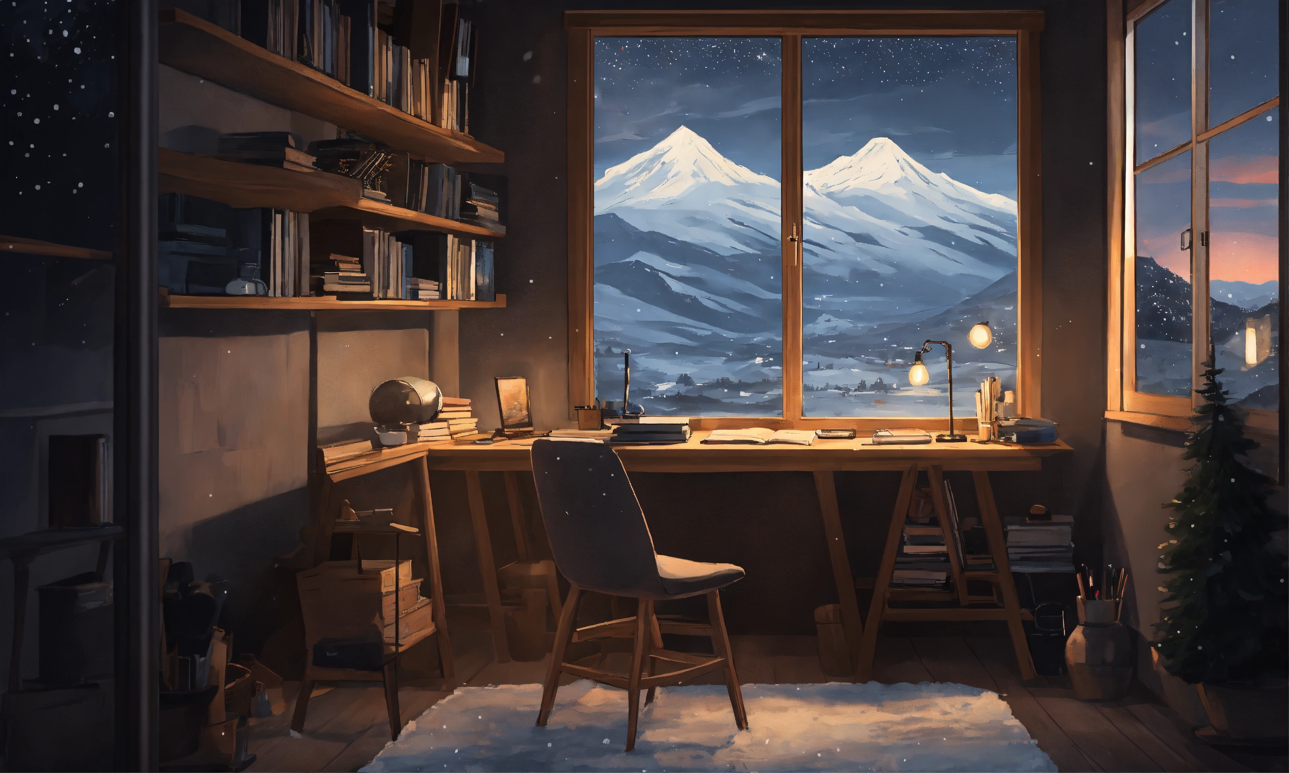 Lexica - Minimalistic study room in mountain hut, studio ghibli, lofi ...