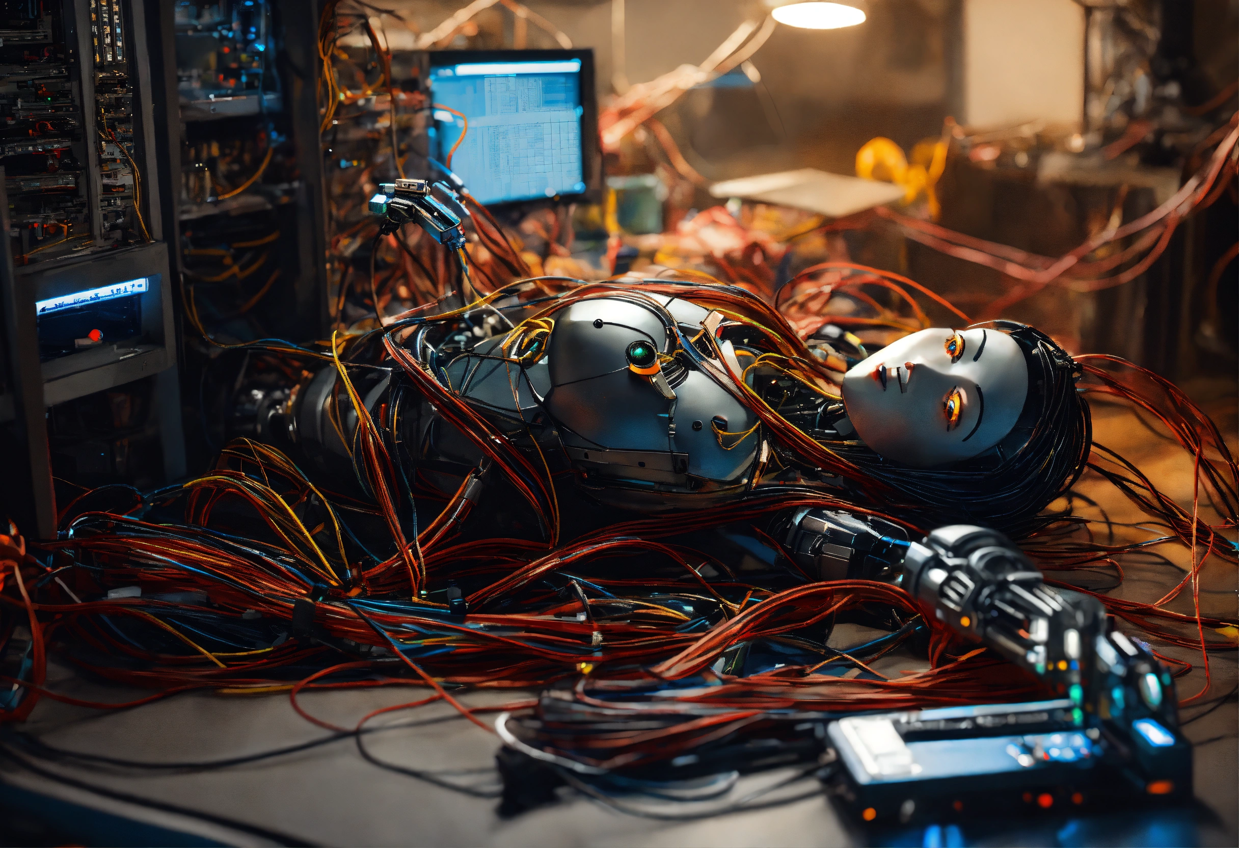 Lexica - Robot woman laying down plugged with hundreds of wires up to a ...