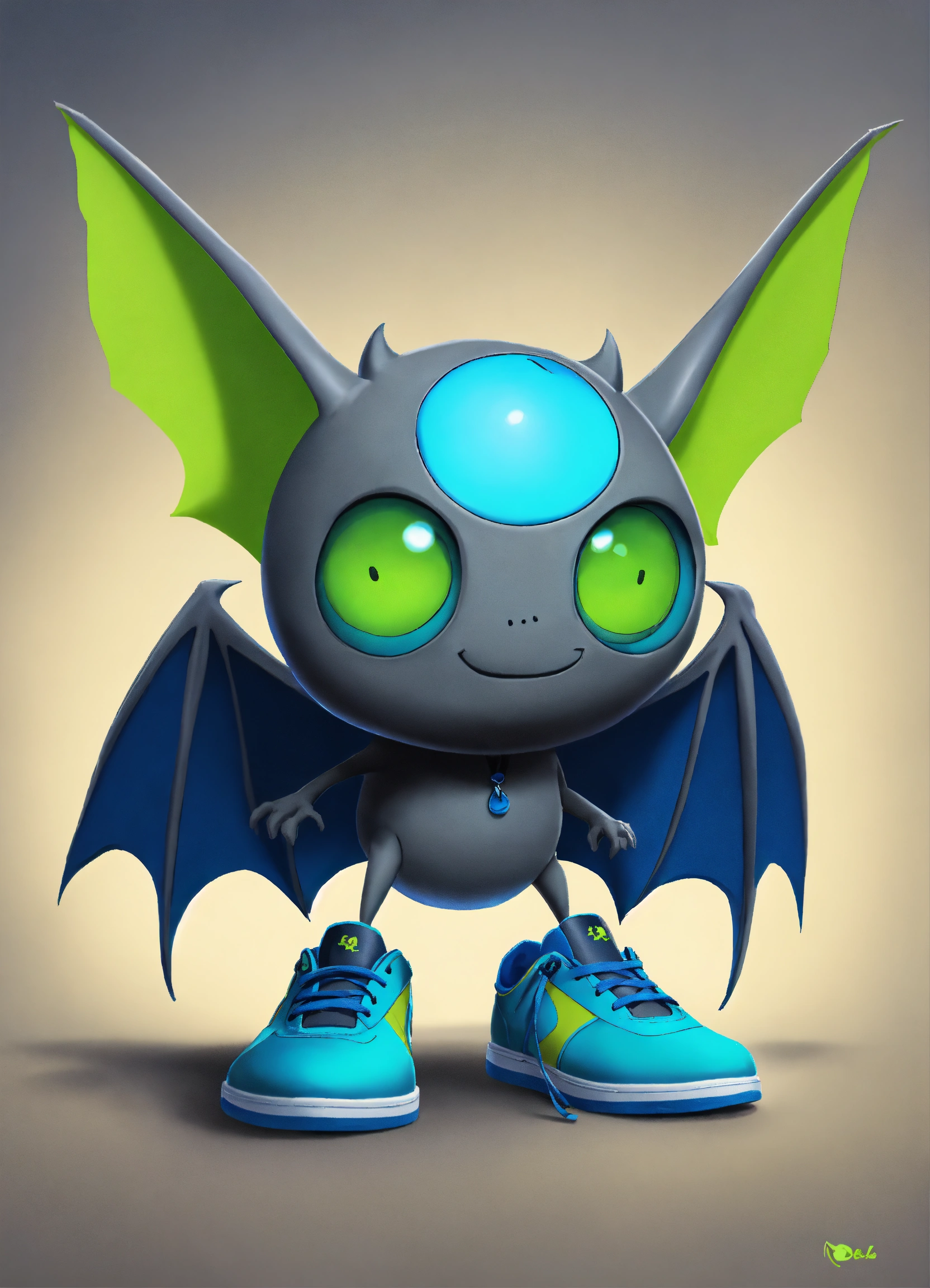 Lexica - A gray cartoon blob with one eye, bright green wings, and blue ...