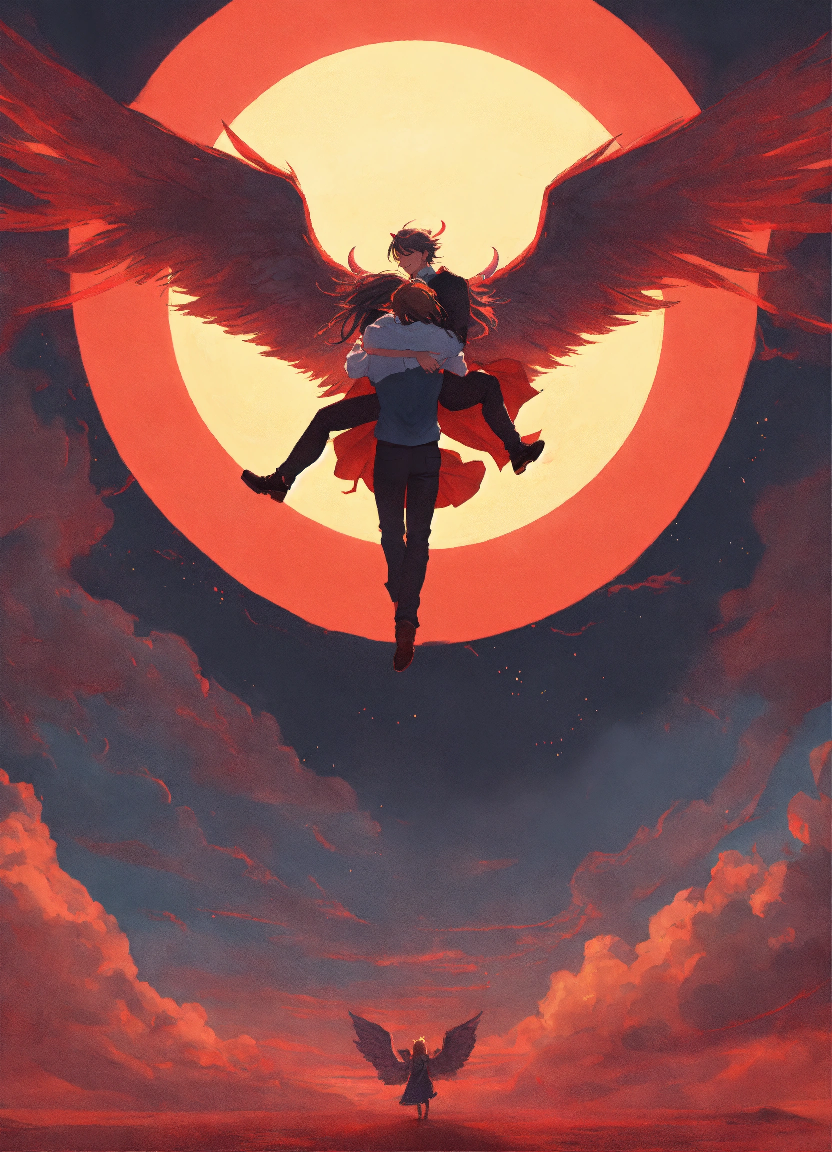 Lexica - Demon hugging an angel, flying, wide shot