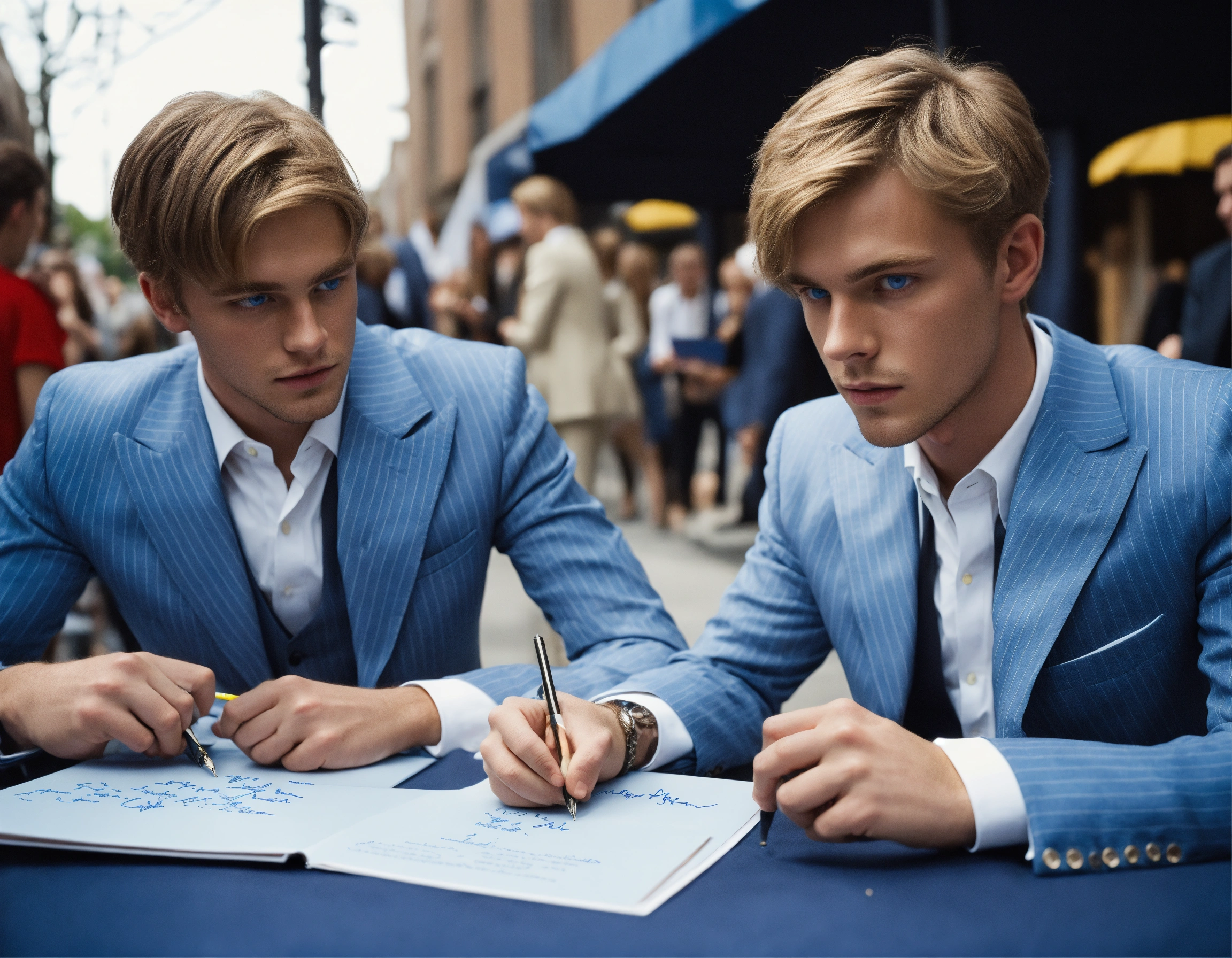Lexica - Two Swedish young male actors in pale blue pinstripe suit ...