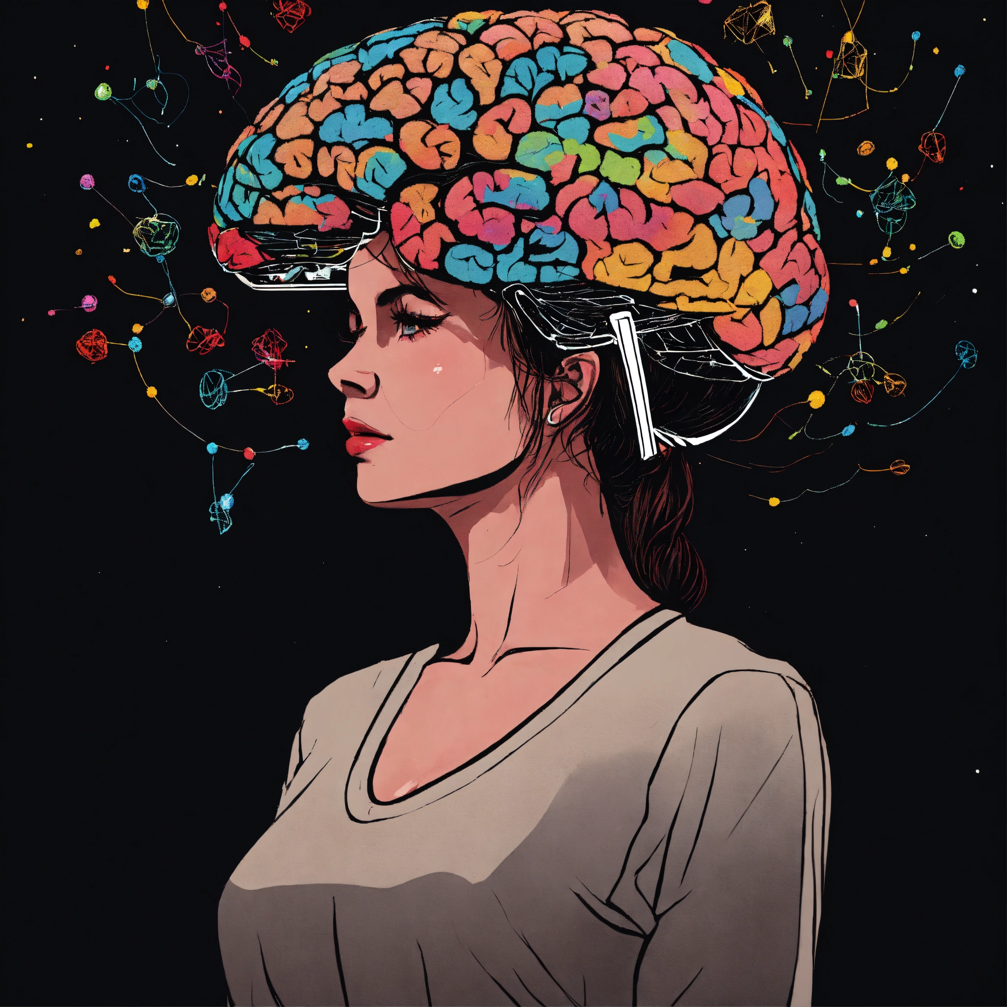 Lexica - Woman racks her brains and can't make a decision, black background, a lot of empty ...