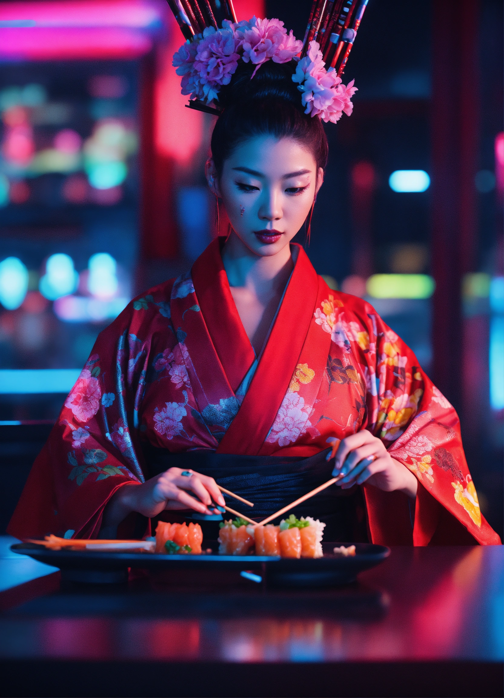 Lexica - Dark aesthetic, a realistic cyborg eating sushi with ...