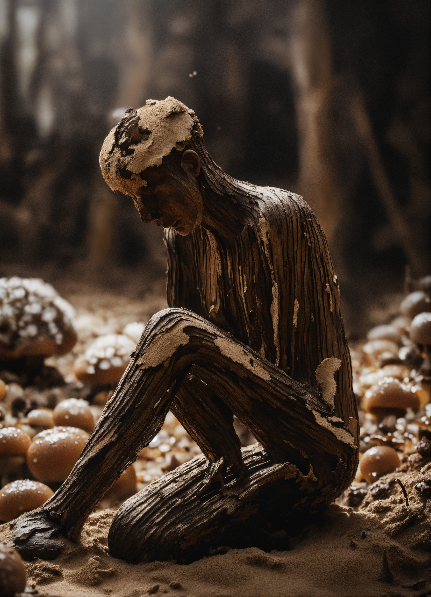 Lexica - A rotten wood sculpture of a abstract simple human body in a ...