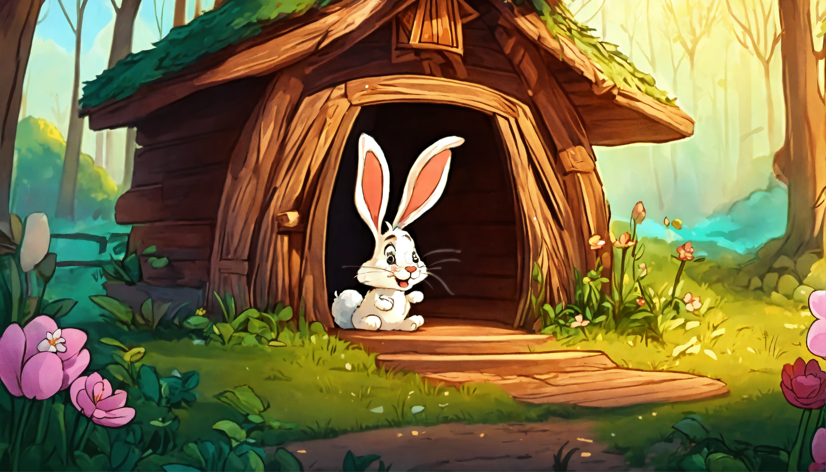 Lexica - Cartoon style upset crying hare in the spring magical forest ...