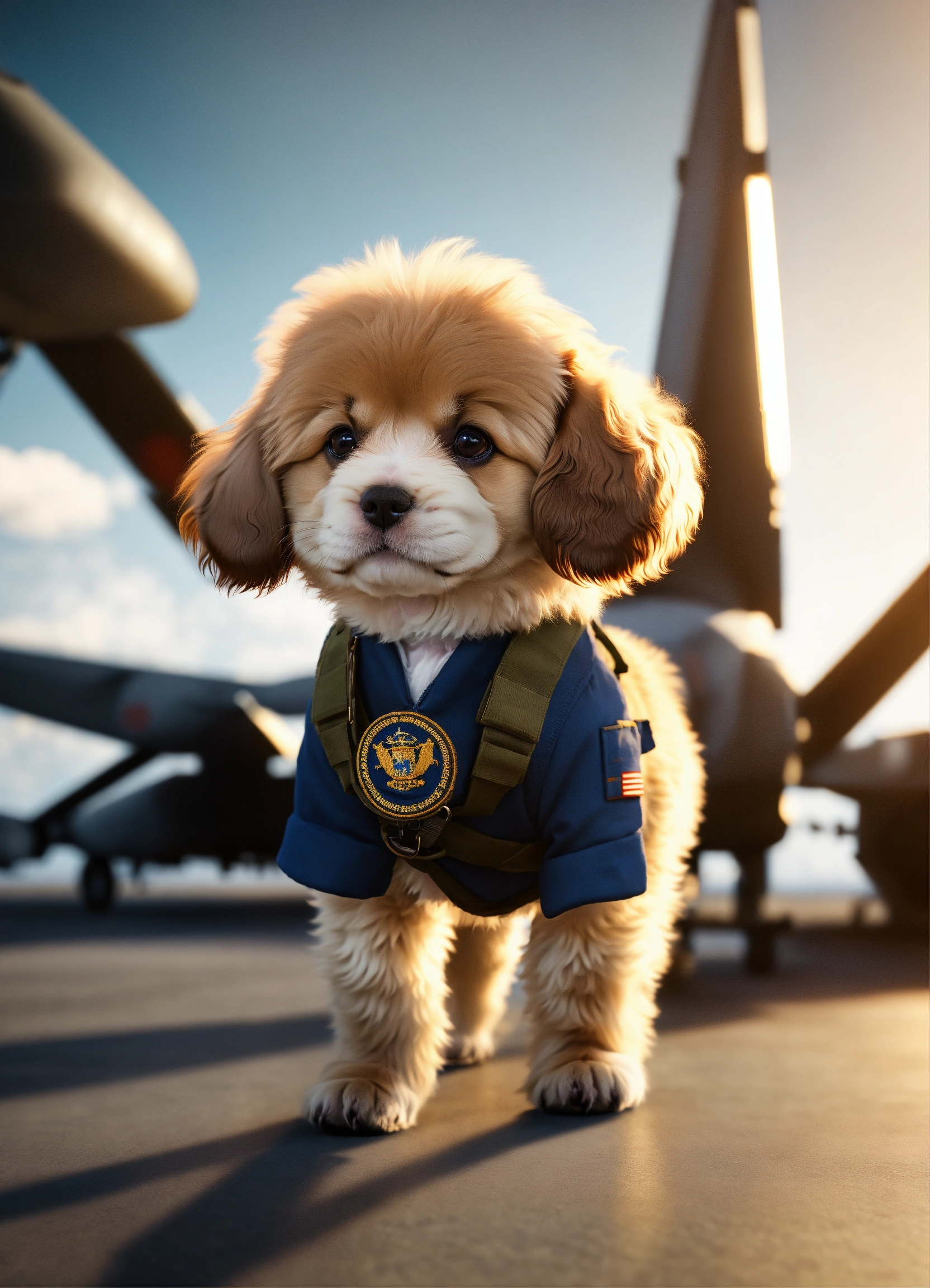 Lexica - A cute fluffy puppy captain walking on a military aircraft ...
