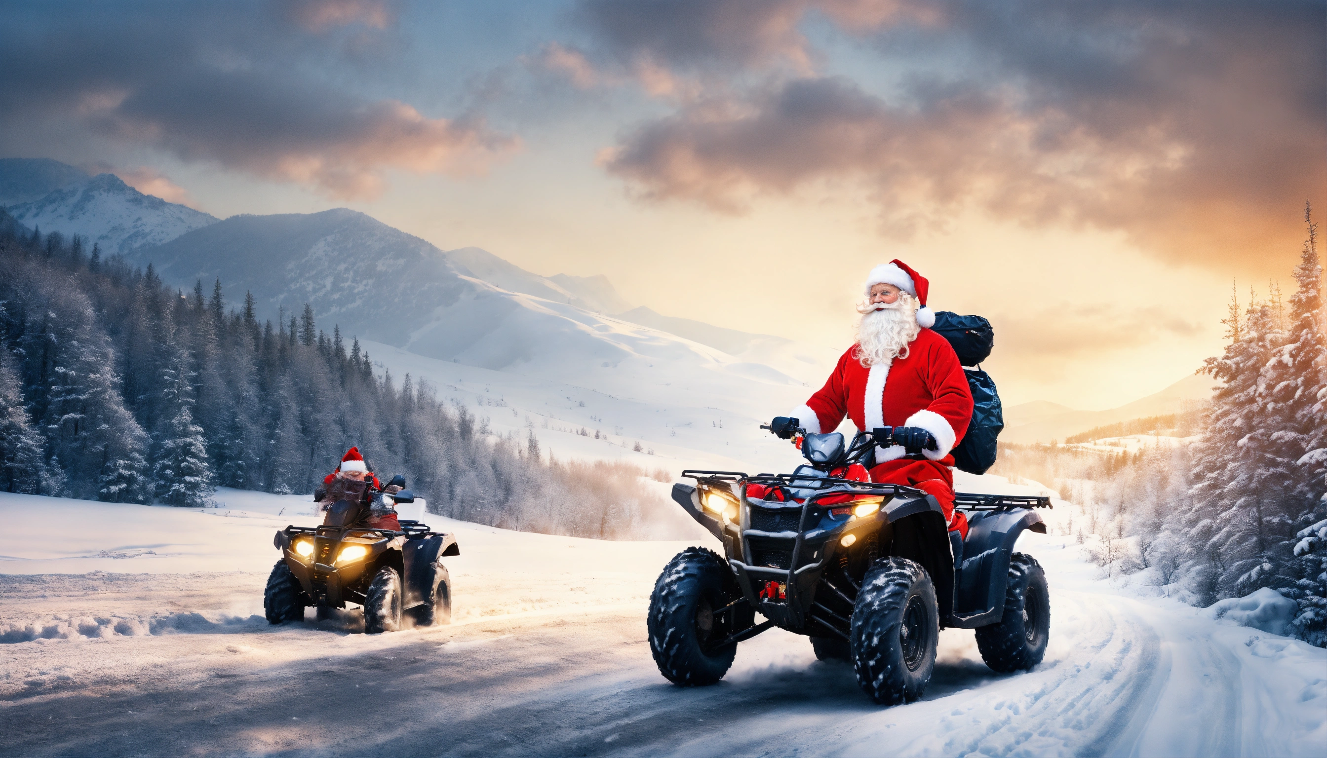 Lexica - Santa Claus with big sack bag rides along a snowy road on an ...